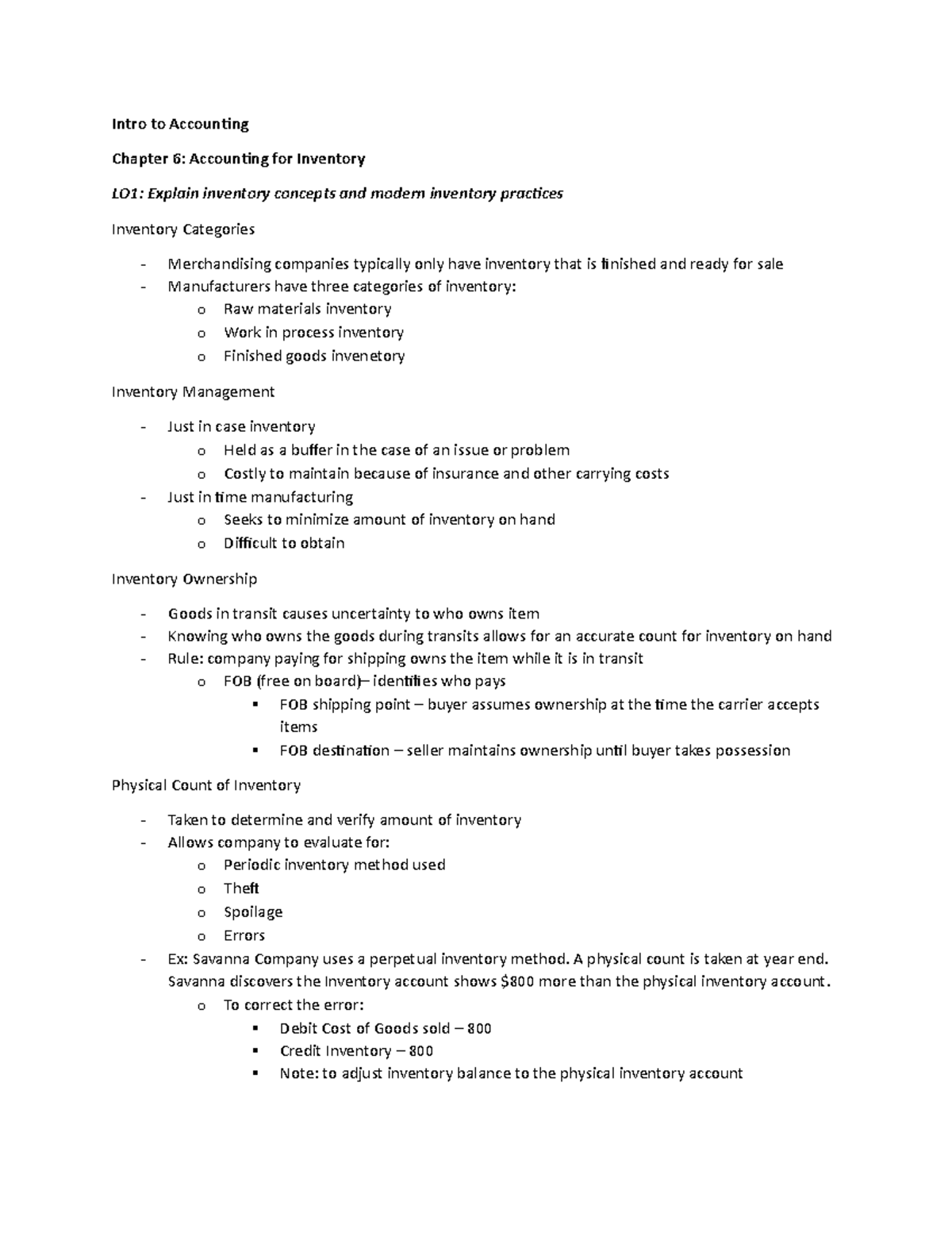 Chapter 6 - Intro to Accounting Chapter 6: Accounting for Inventory LO1 ...