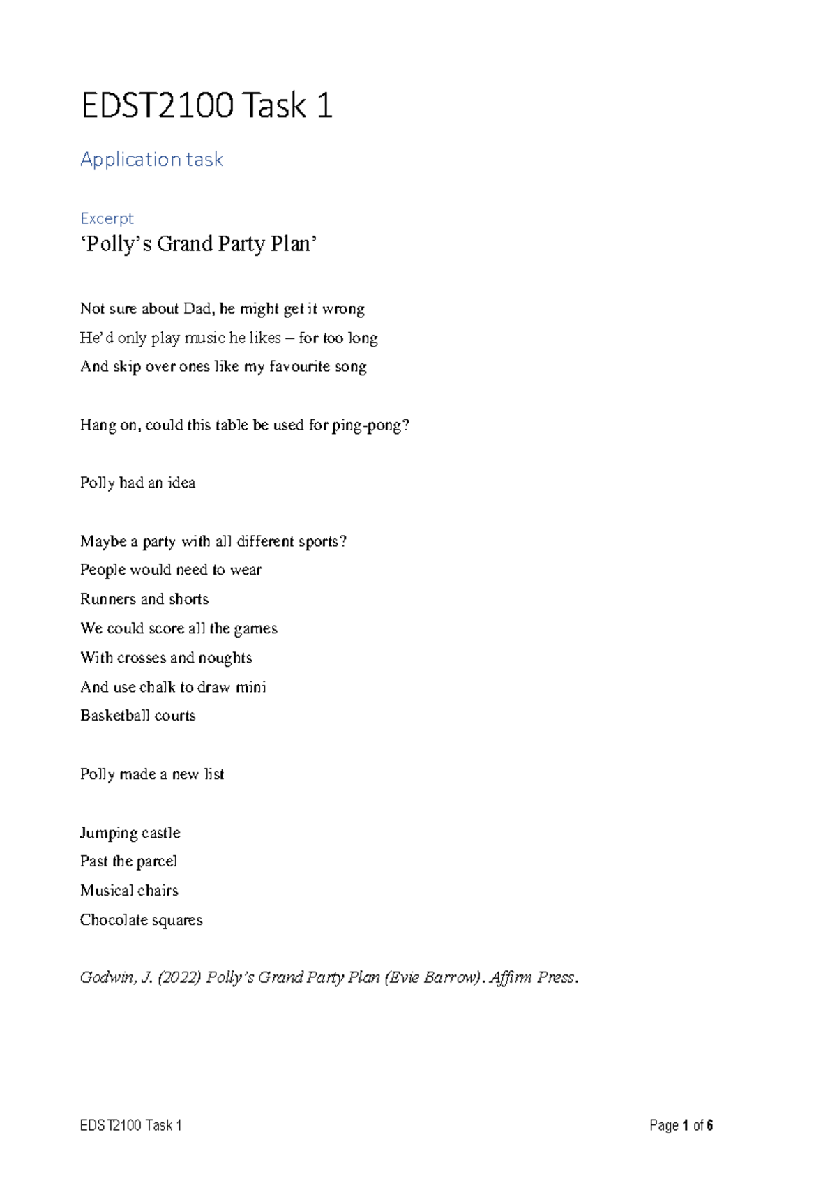 EDST2100 Task 1 - Task 1 - EDST2100 Task 1 Application task Excerpt ‘Polly’s Grand Party Plan ...