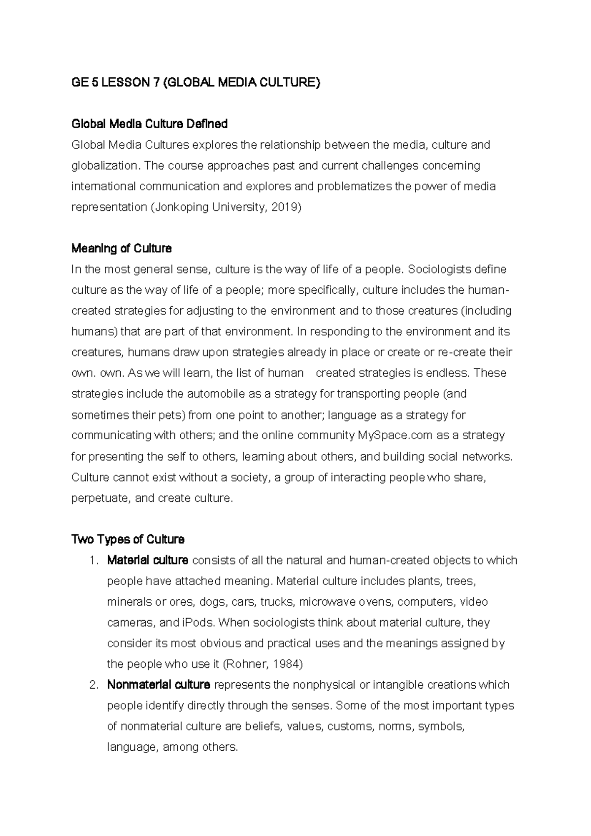 GE 5 Lesson 7 ( Global Media Culture) - GE 5 LESSON 7 (GLOBAL MEDIA ...
