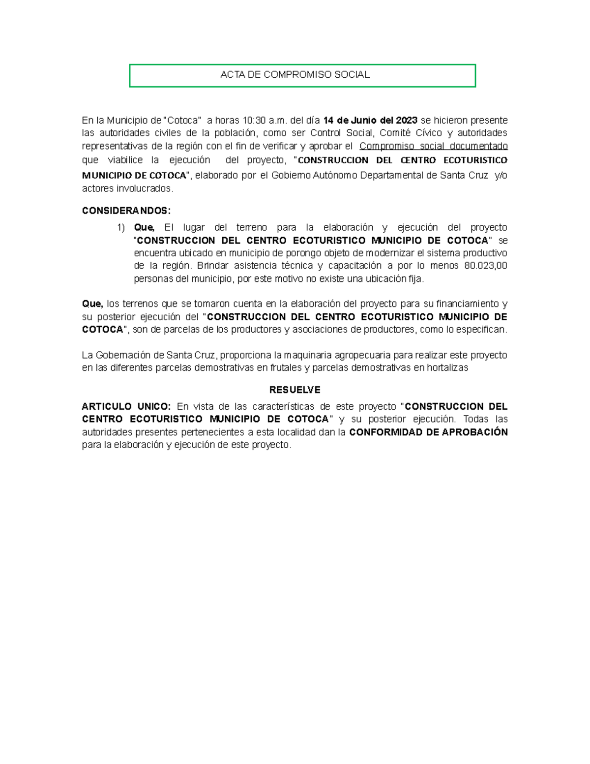 Cotoca Carta Compromiso Social 2023 WFA - ACTA DE COMPROMISO SOCIAL En la Municipio de “Cotoca ...