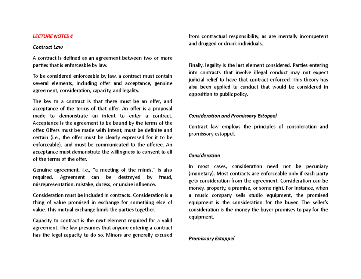 Lecture Notes 4 - Contract Law - Business Law and Regulations - Studocu