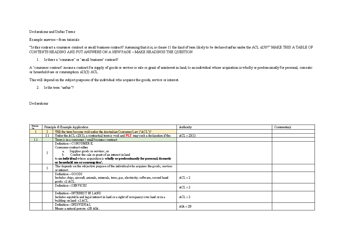 Declarations and Unfair Terms Outline - Declarations and Unfair Terms ...