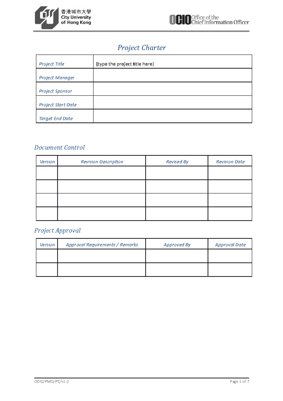 City U PMO - Project Charter Template - Project Charter Project Title ...