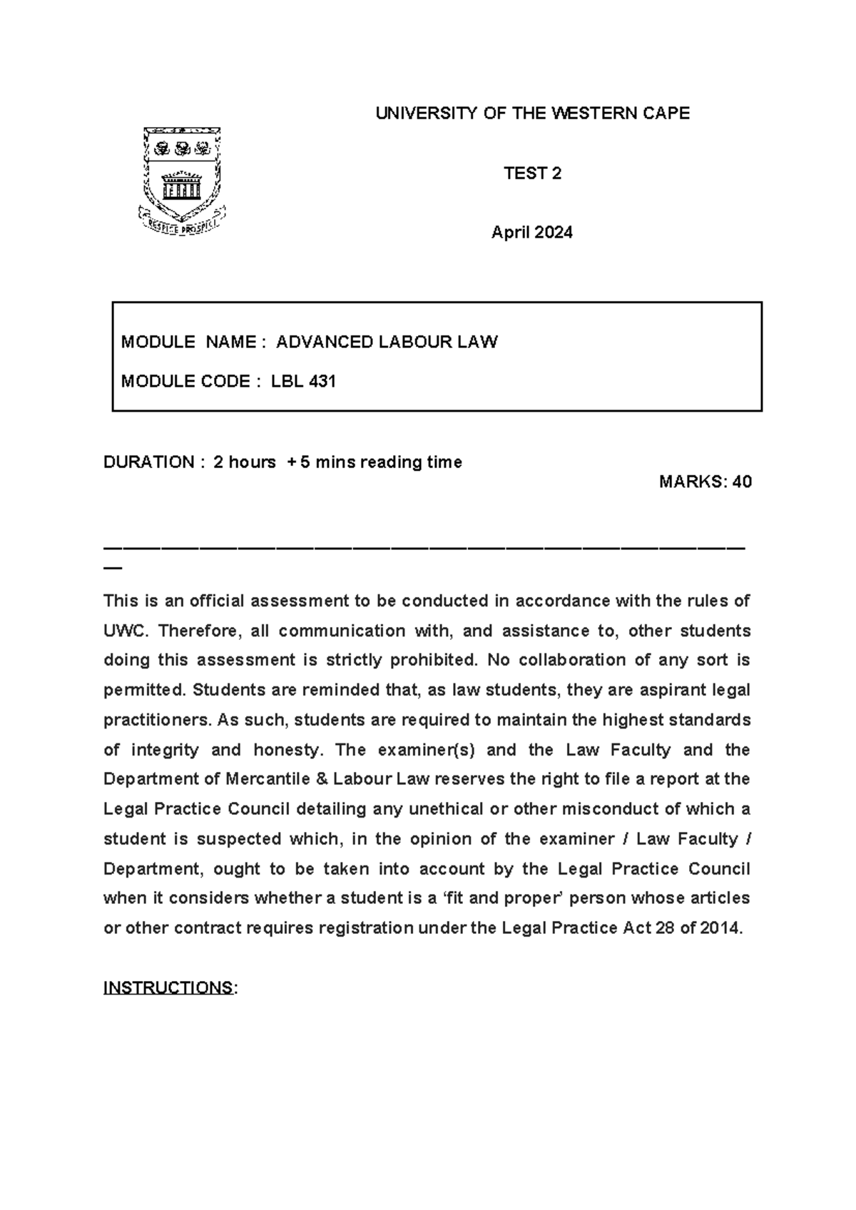 Test 2 - Possible Test questions - UNIVERSITY OF THE WESTERN CAPE TEST ...