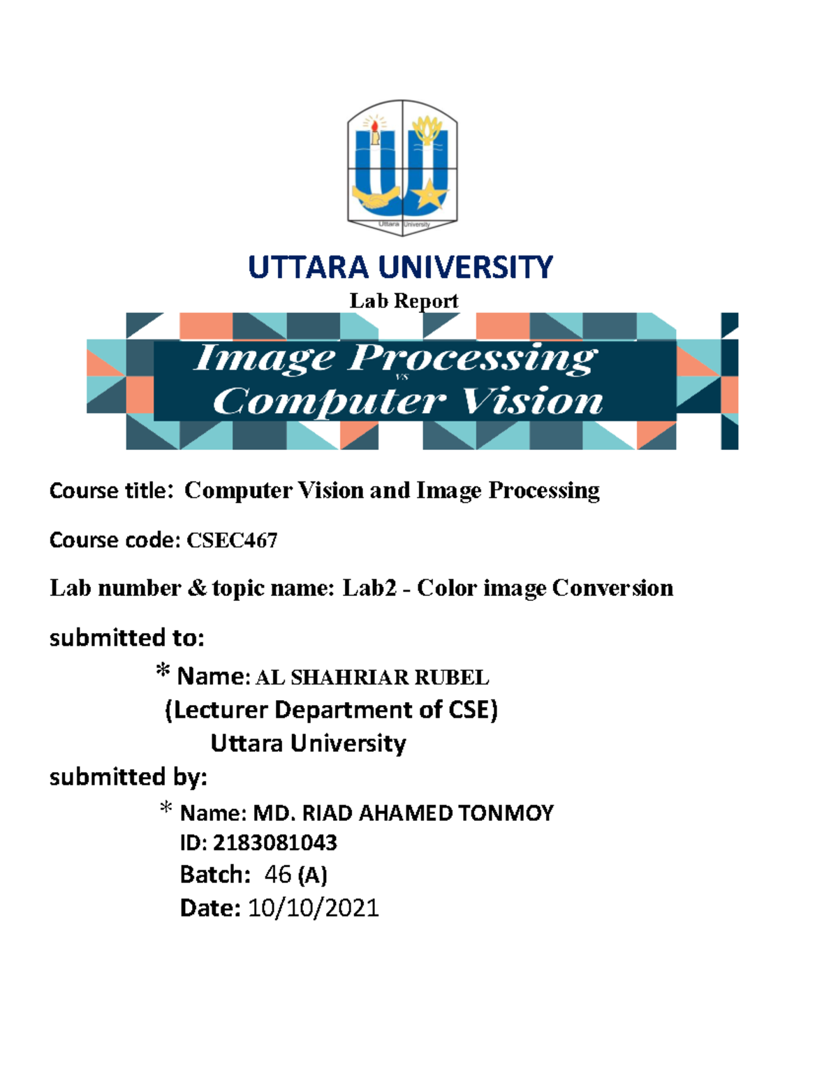 Lab2 - Color image Conversion computer visson and image processing ...