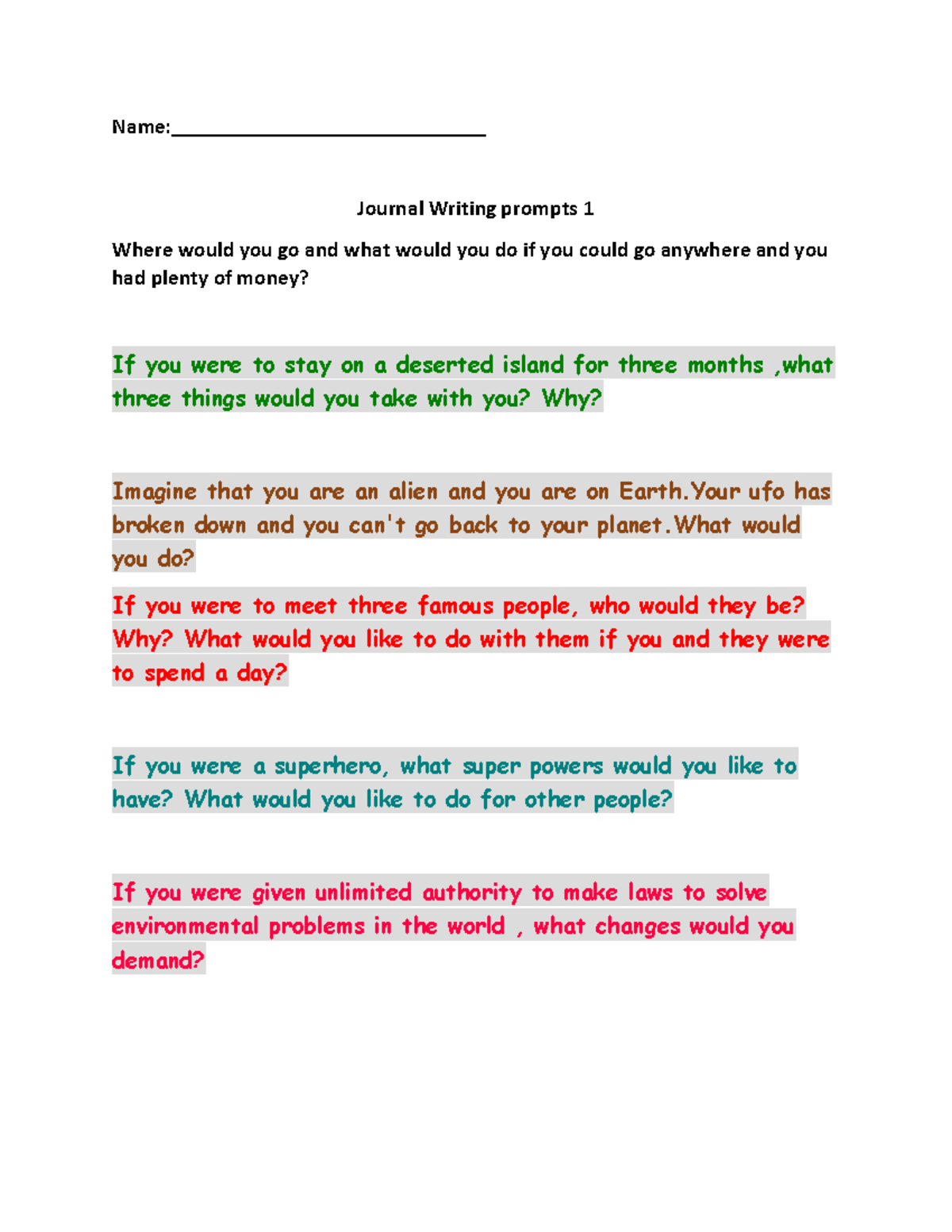 Journal writing prompts - Name:_____________________________ Journal ...