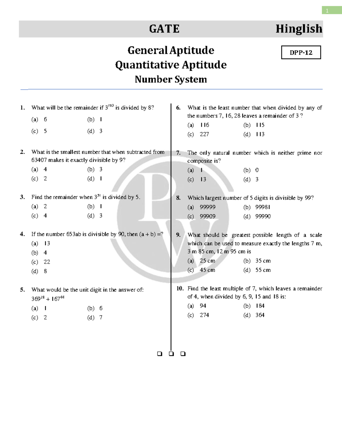 Quantitative Aptitude DPP 12 (Of Lec 14) (By Amulya Ratan Sir) ~ (General Aptitude) - General ...