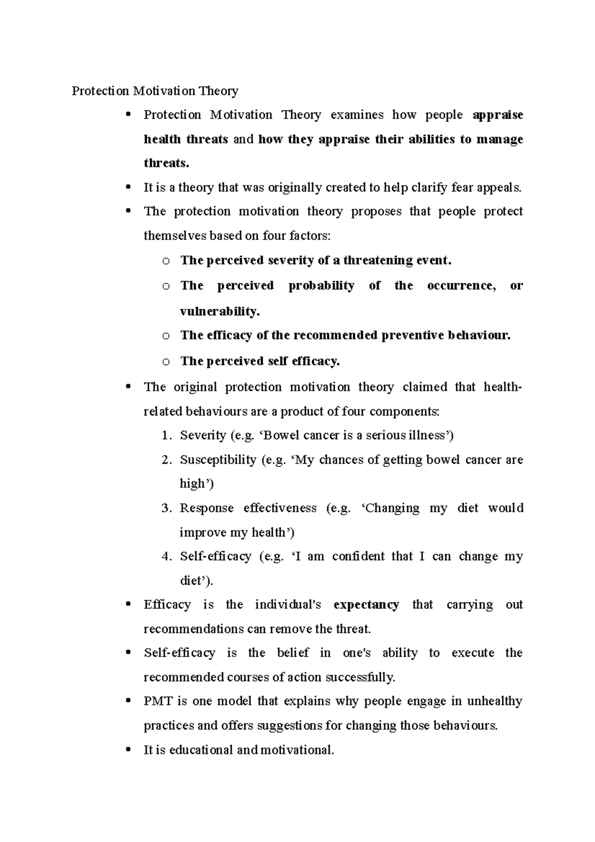 Protection Motivation Theory - Psychology - Christ University - StuDocu