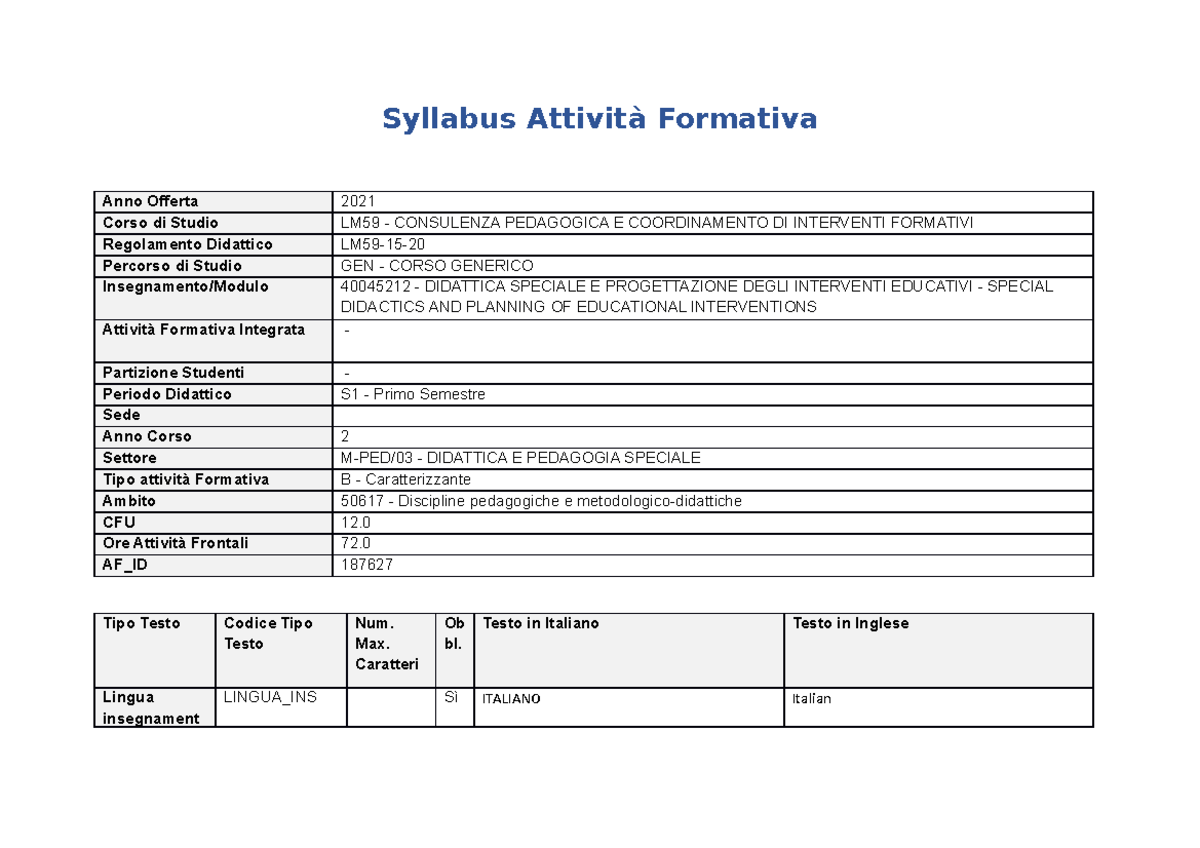 Syllabus Didattica speciale 2021-22 - Syllabus Attività Formativa Anno Offerta 2021 Corso di ...