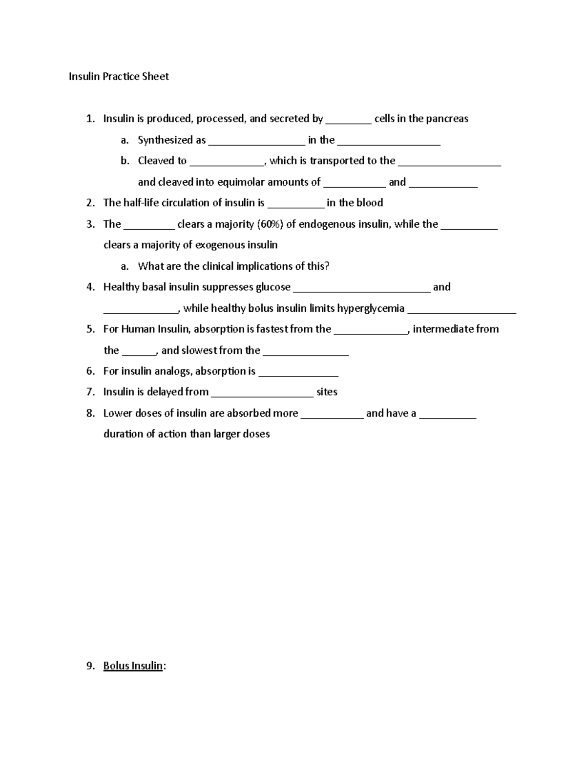Insulin Practice Sheet - Insulin Practice Sheet Insulin is produced ...