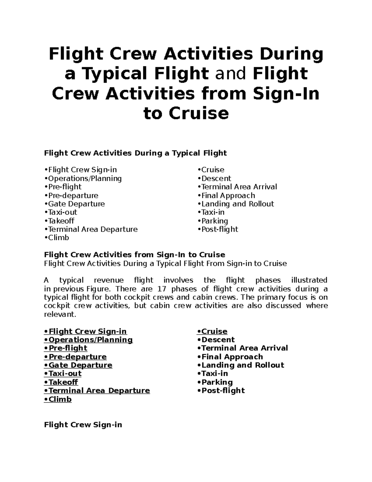 Flight Crew Activities During a Typical Flight - There are 17 phases of ...