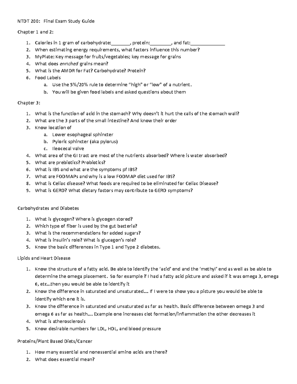 NTDT final study guide - NTDT 200: Final Exam Study Guide Chapter 1 and 2: Calories in 1 gram of ...