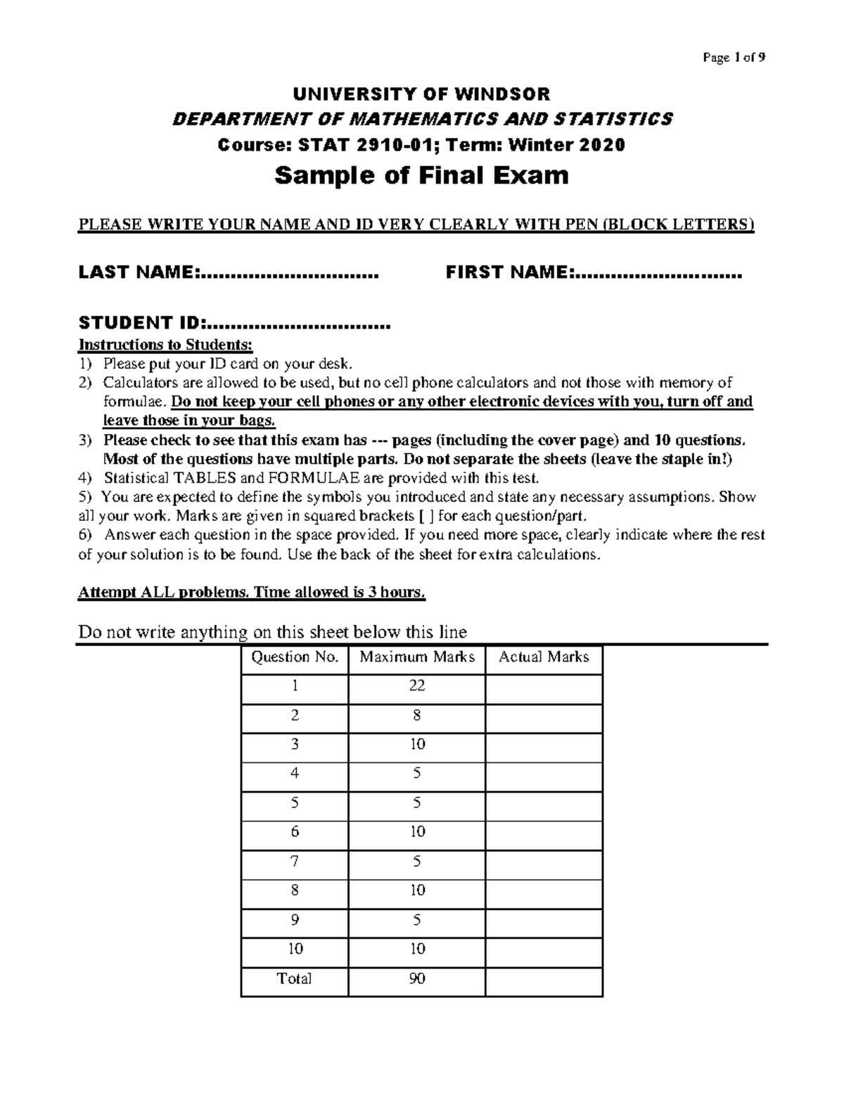 Sample of Final Exam Solution - UNIVERSITY OF WINDSOR DEPARTMENT OF ...