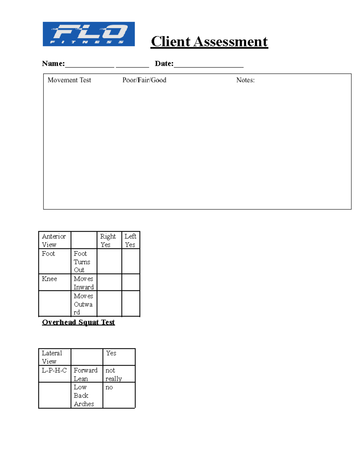 FLO Assessment Sheet - Client Assessment Name ...