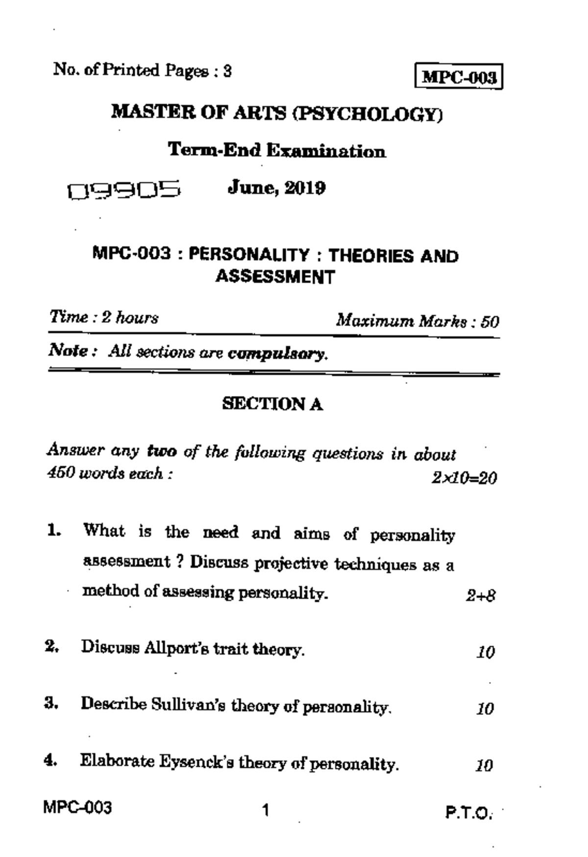 MPC-003 - MPC - No. of Printed Pages : 3 I MPC- MASTER OF ARTS (PSYCHOLOGY) Term-End Examination ...