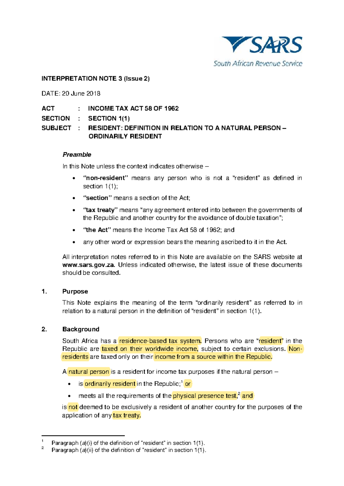 Interpretation note 3 (issue 2) 2018 Resident definition natural person ...
