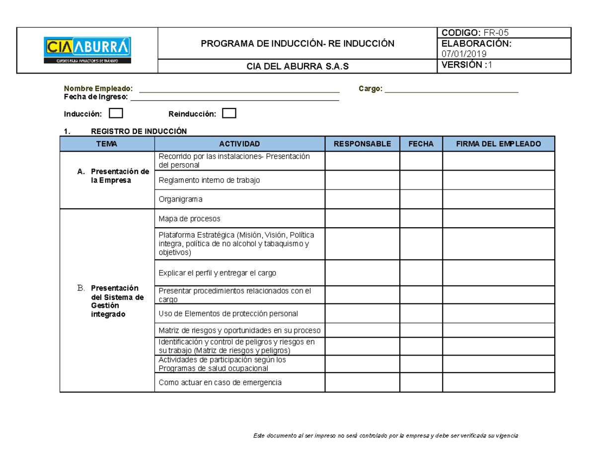 Inducción y reinduccion - PROGRAMA DE INDUCCIÓN- RE INDUCCIÓN CODIGO ...