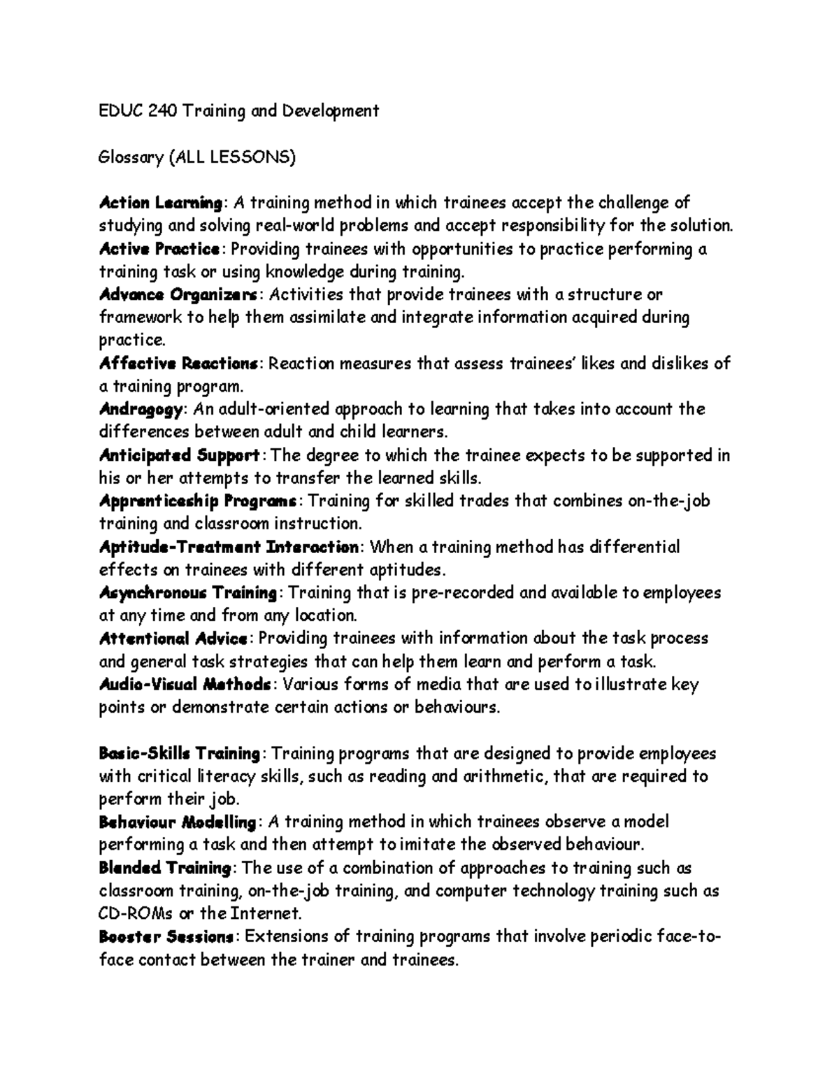 EDUC 240 Glossary - EDUC 240 Training and Development Glossary (ALL ...
