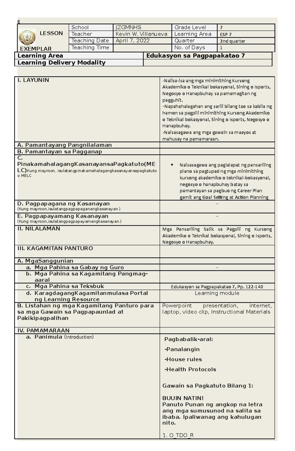 Kevin-COT-1 - exemplaris a form of lesson plan in public school ...