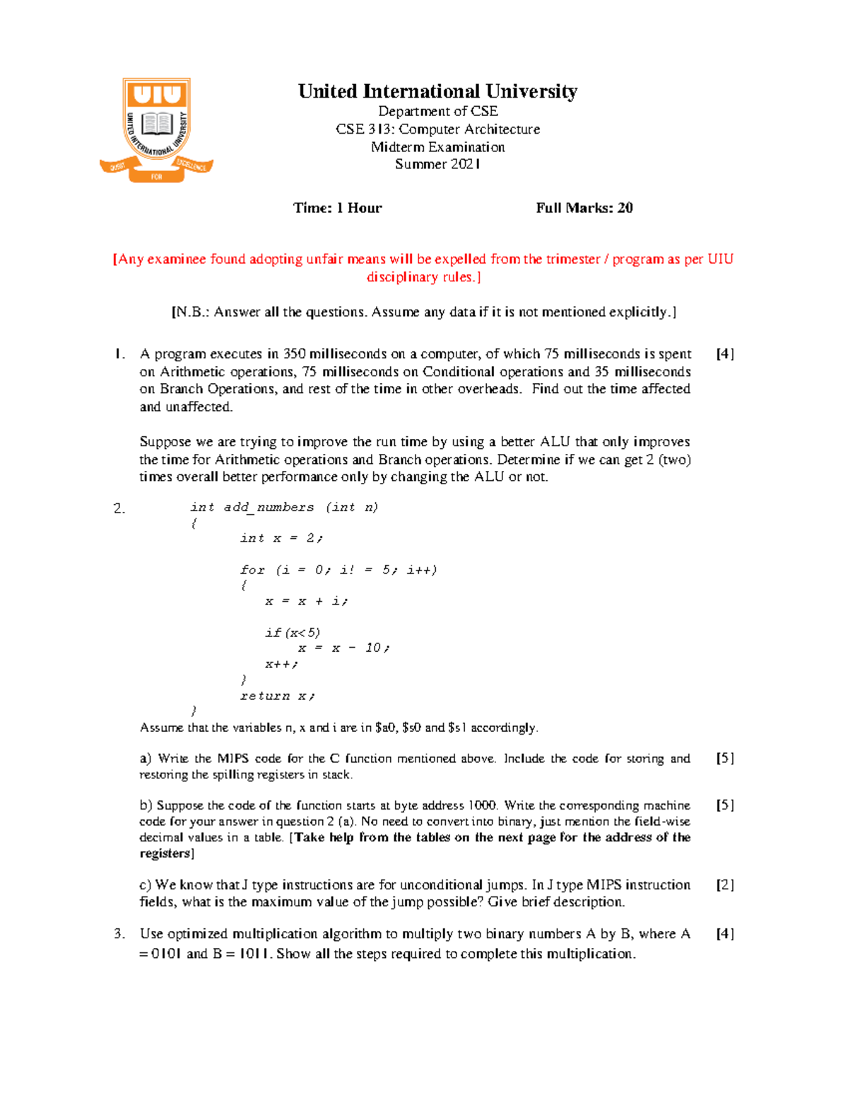 Cse 313 Computer Architecture Midterm Question Summer 2021 United International University