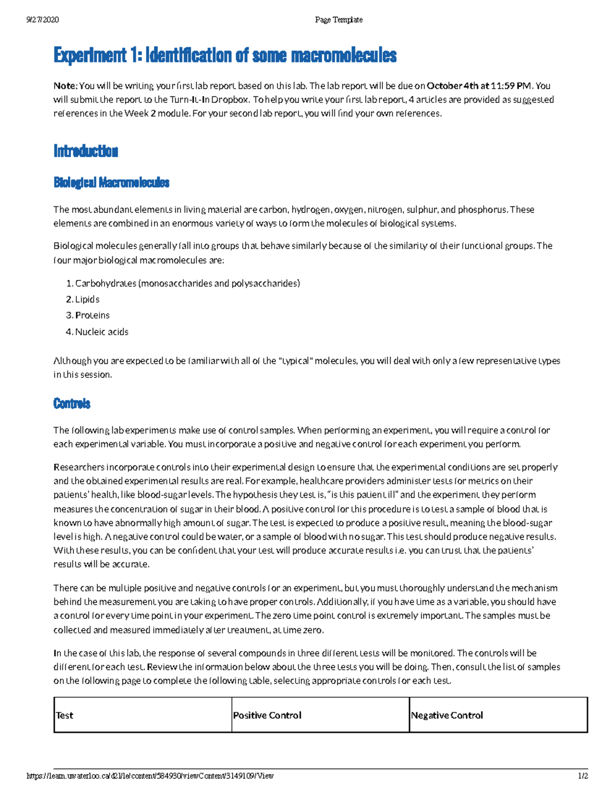 PAGE 1 Experiment 1 Introduction - BIOL 130L - Fall 2020 - 9/27/2020 Page Template - Studocu