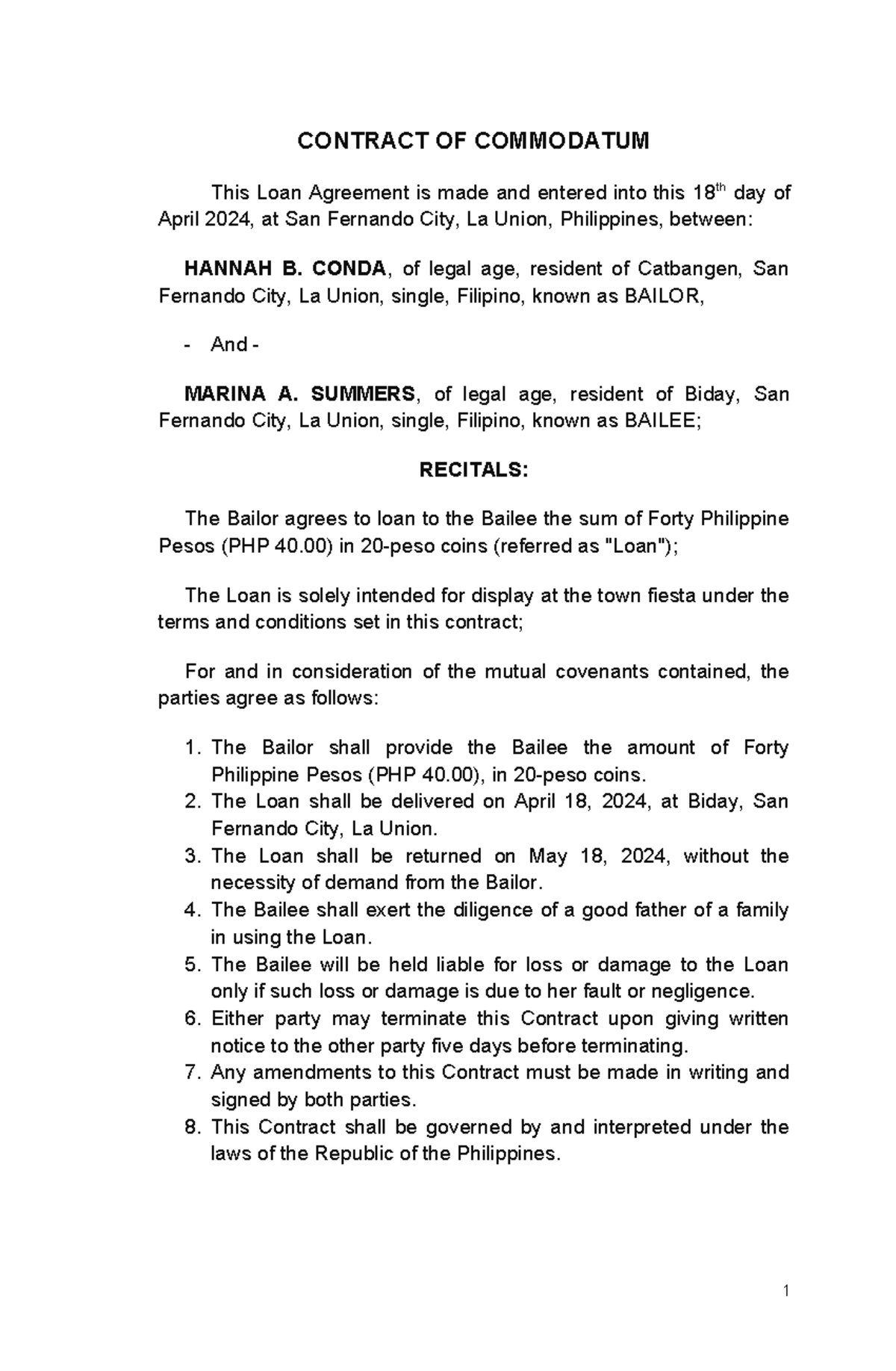 Contract OF Commodatum - CONTRACT OF COMMODATUM This Loan Agreement is ...