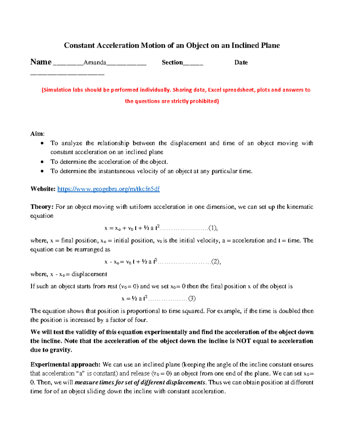 Lab2 phys164 Motion of an Object on an Inclined Plane Simulation LC (8 ...