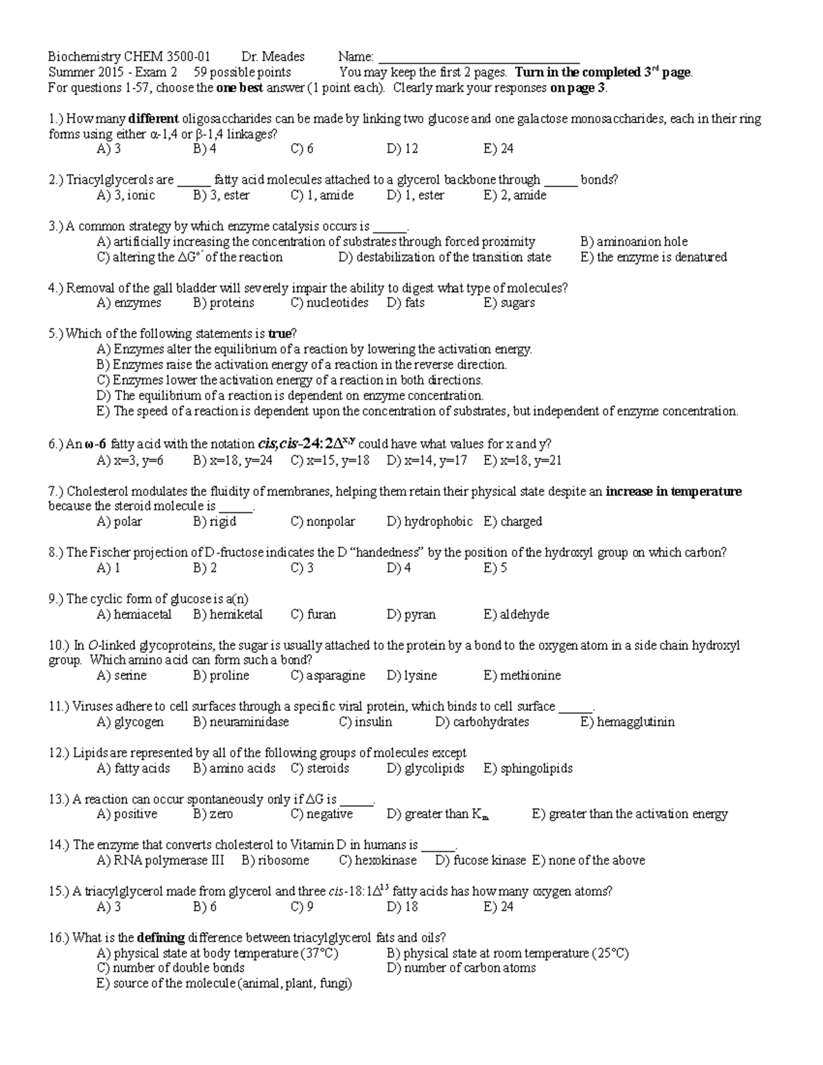 Exam 2 Summer 2015 - Practice exams and homework - Biochemistry CHEM ...