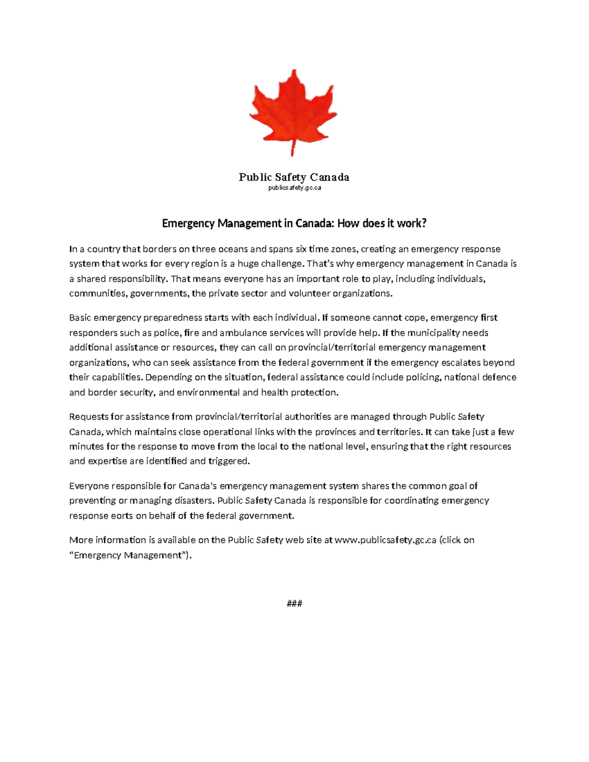 Press release example 3 - Public Safety Canada publicsafety.gc ...