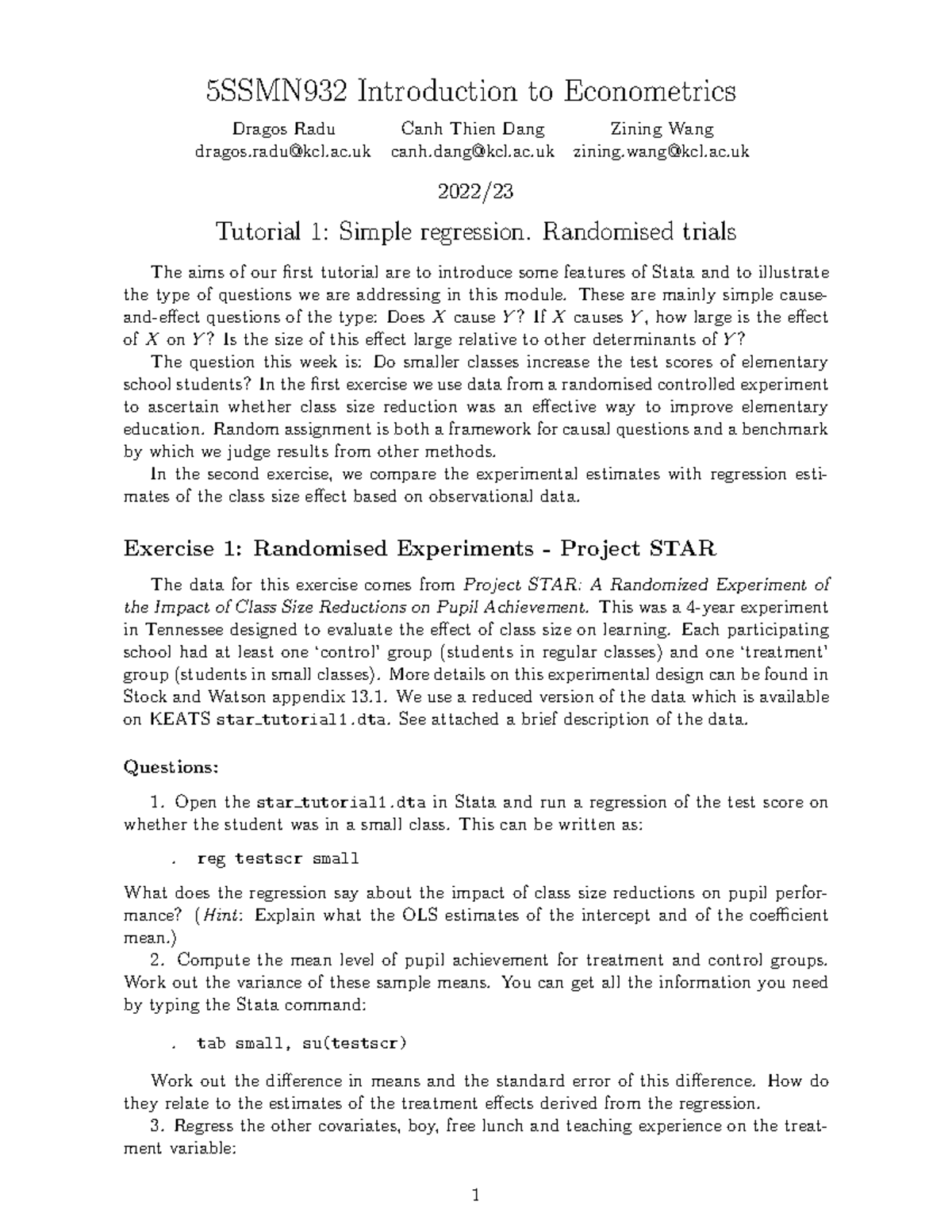 5ssmn932 tutorial 1 questions 2022 - 5SSMN932 Introduction to Econometrics Dragos Radu Canh ...