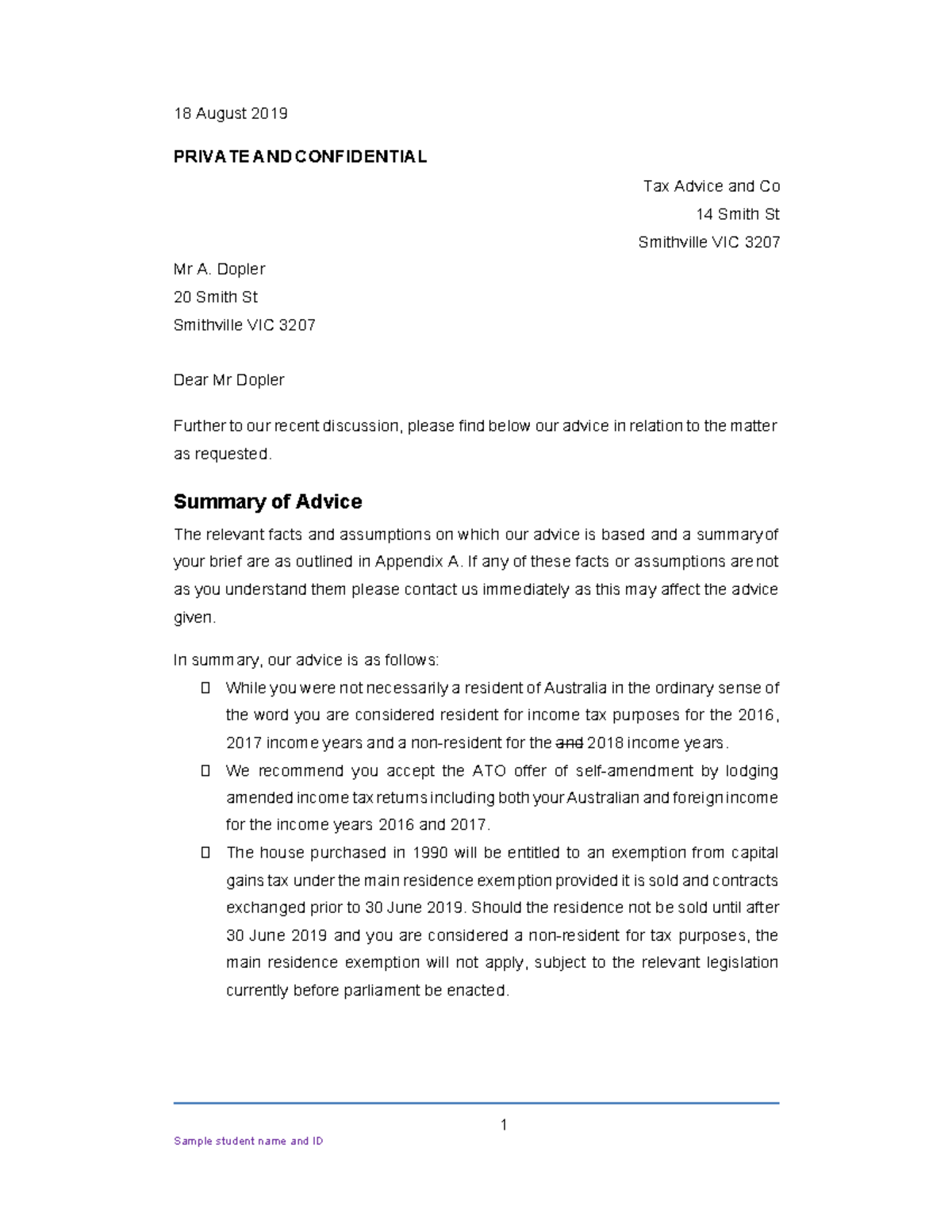 BLO2206 S2 2020 sample letter of advice - 1 18 August 2019 PRIVATE AND ...