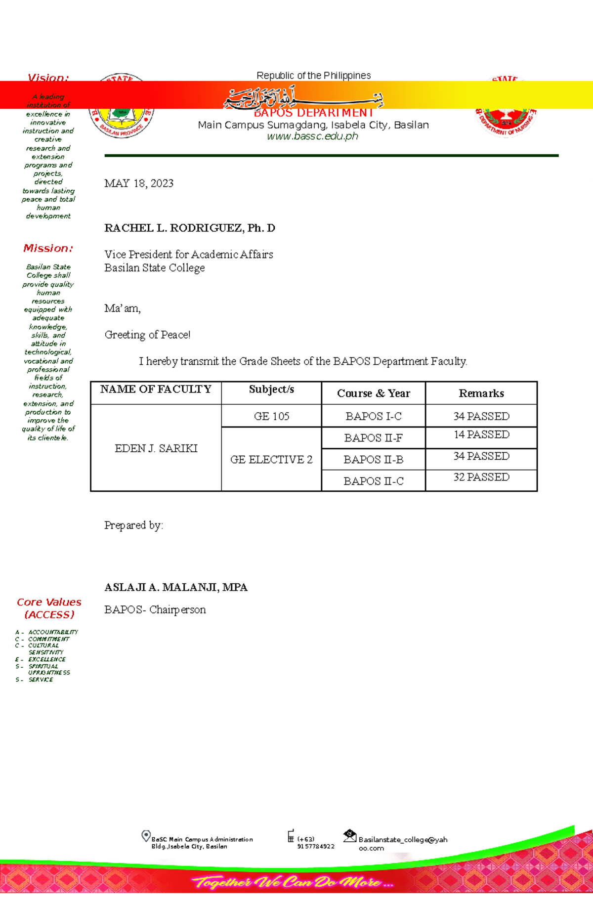 DEN - BASILAN STATE COLLEGE COLLEGE OF HEALTH SCIENCES BAPOS DEPARTMENT ...