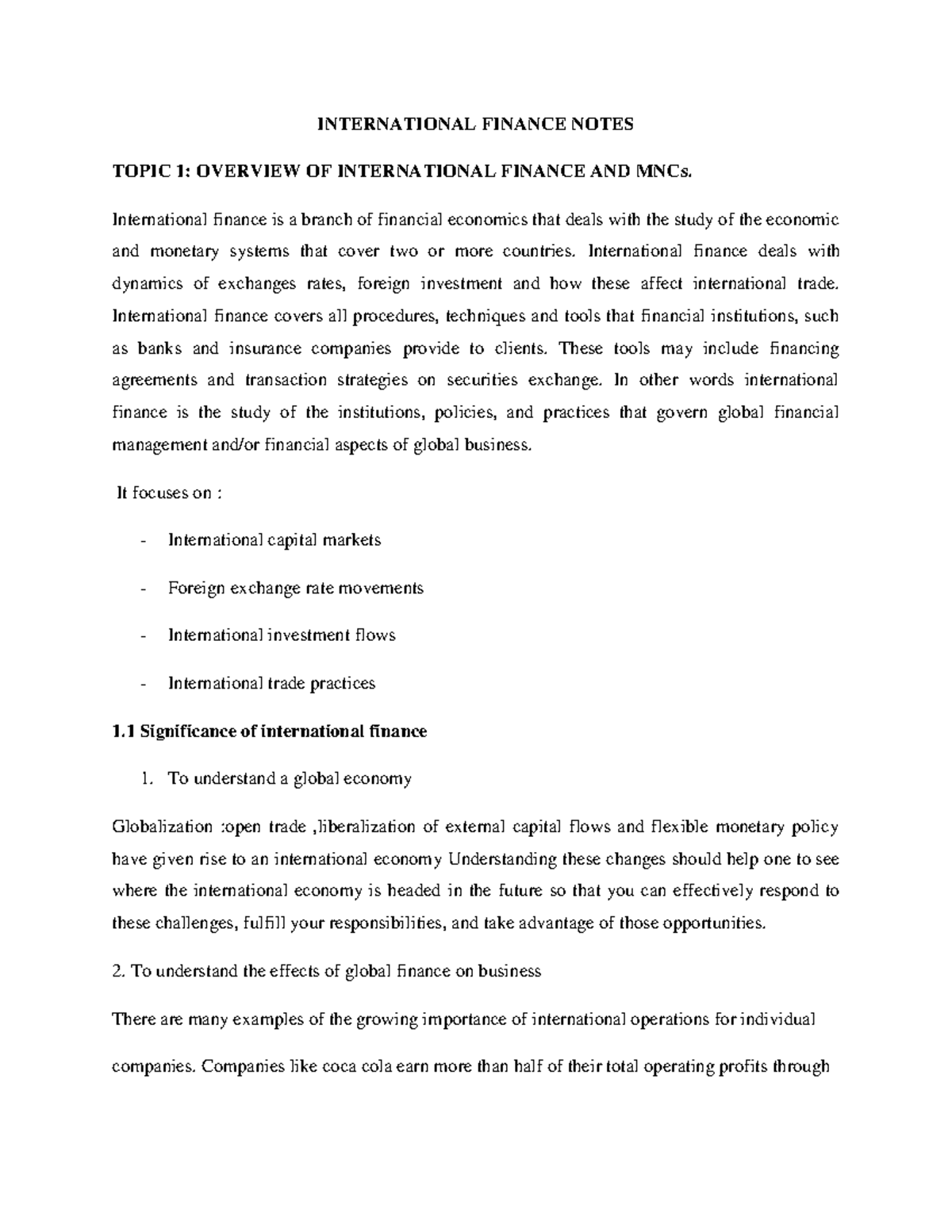 International Finance Notes - INTERNATIONAL FINANCE NOTES TOPIC 1 ...