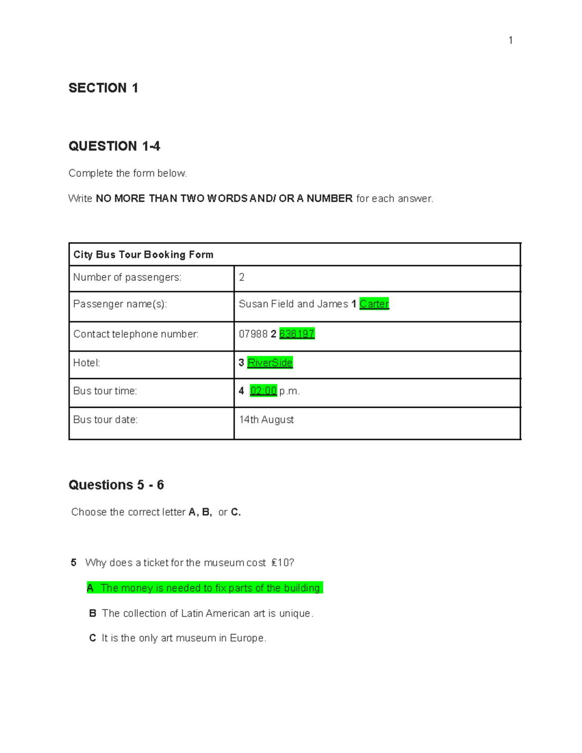 Ans of Test Questions Document ENG 100 Listening Tests - SECTION 1 ...