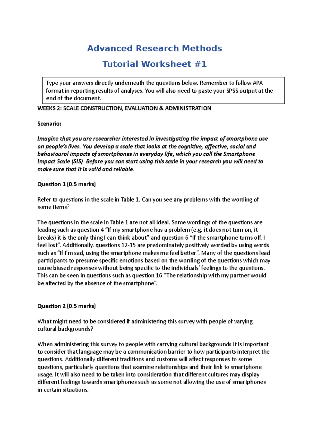 Tutorial Worksheet #1 - Advanced Research Methods Tutorial Worksheet ...