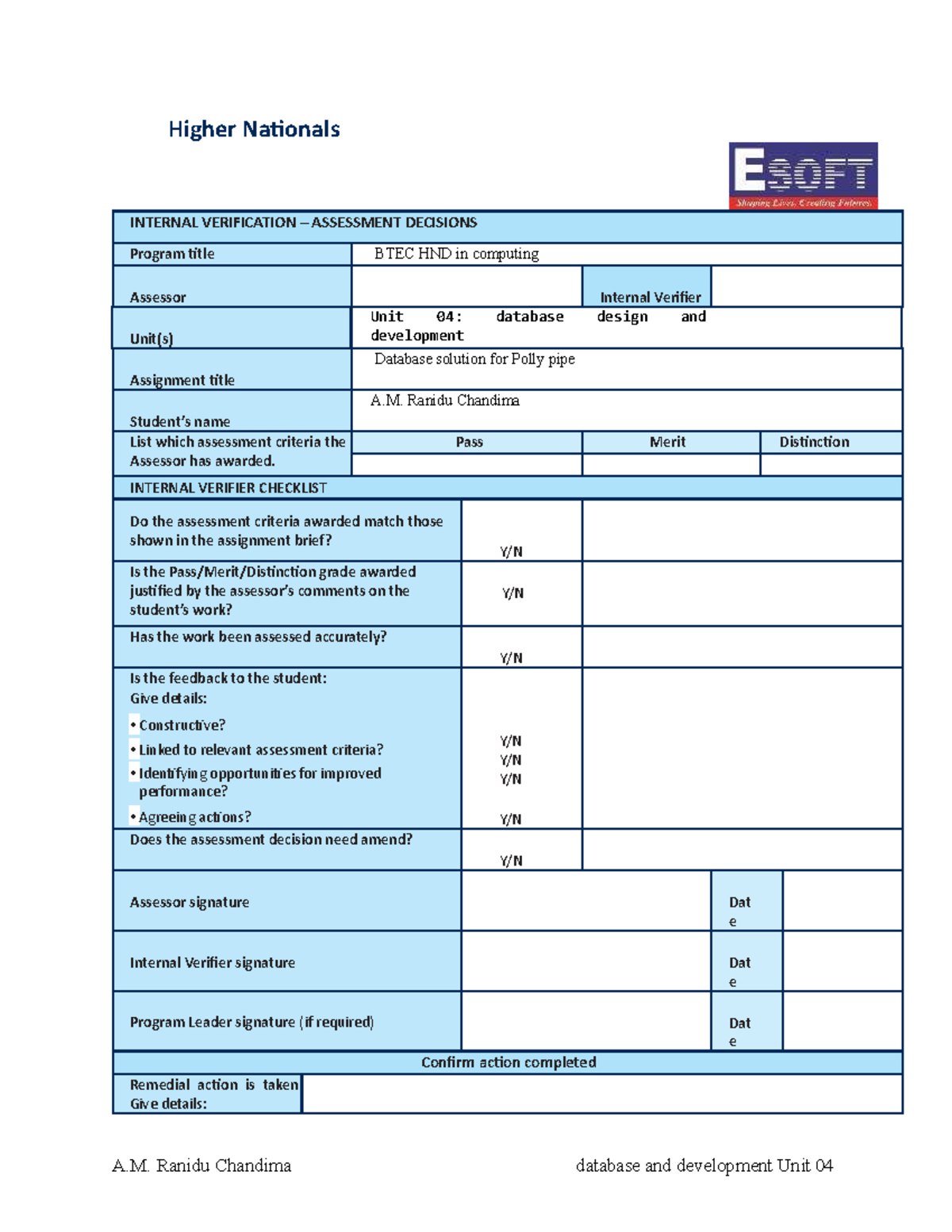 Database assignment 01 - Higher Nationals INTERNAL VERIFICATION ...