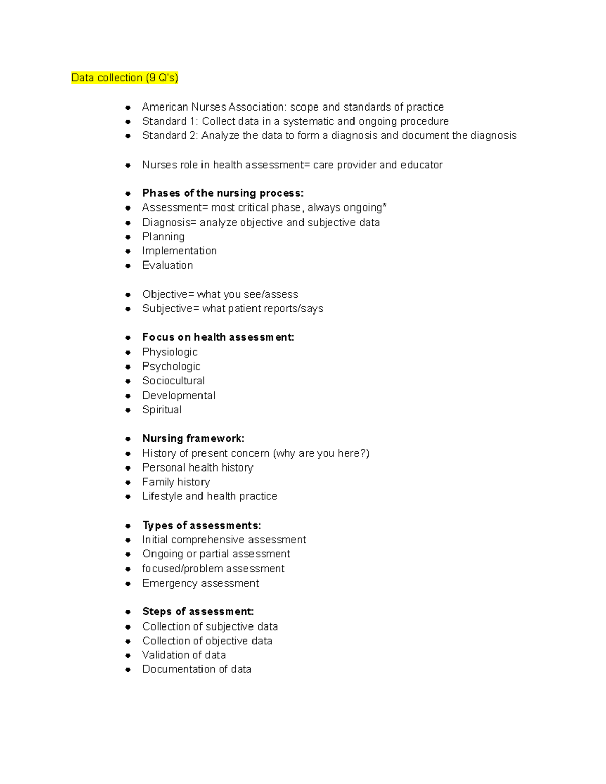 Physical assessment final outline - Data collection (9 Q’s) American ...