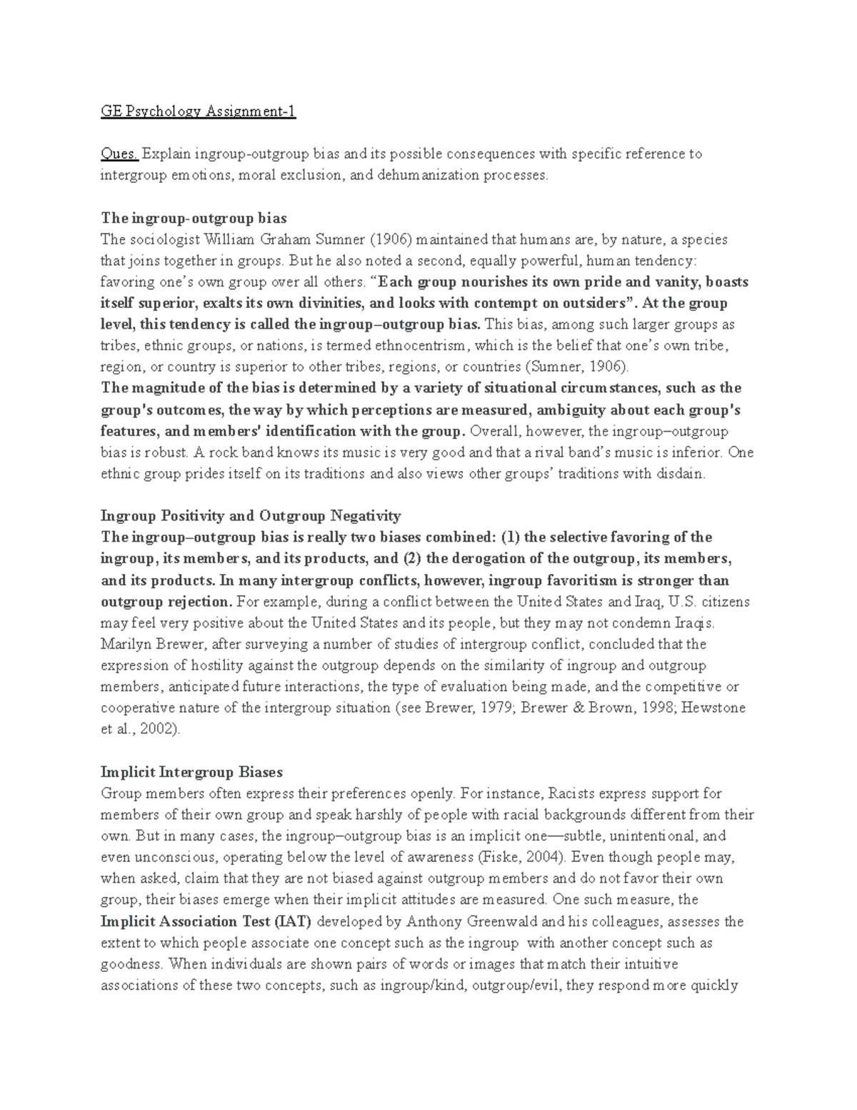 GE Psychology, Assignment 1 - GE Psychology Assignment- Ques. Explain ingroup-outgroup bias and ...