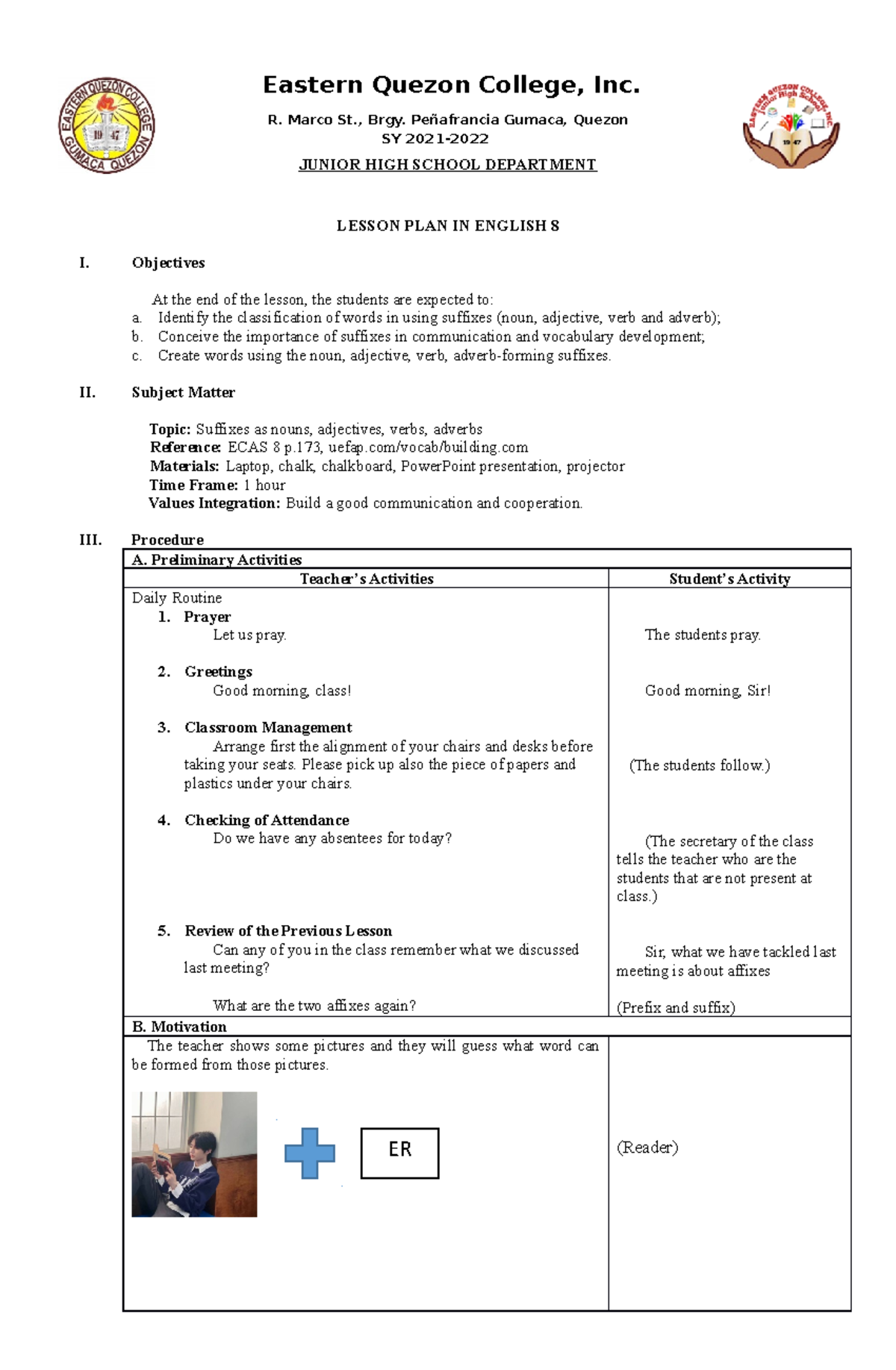 KD Lesson plan in English 8 DAY 1 - Eastern Quezon College, Inc. R ...