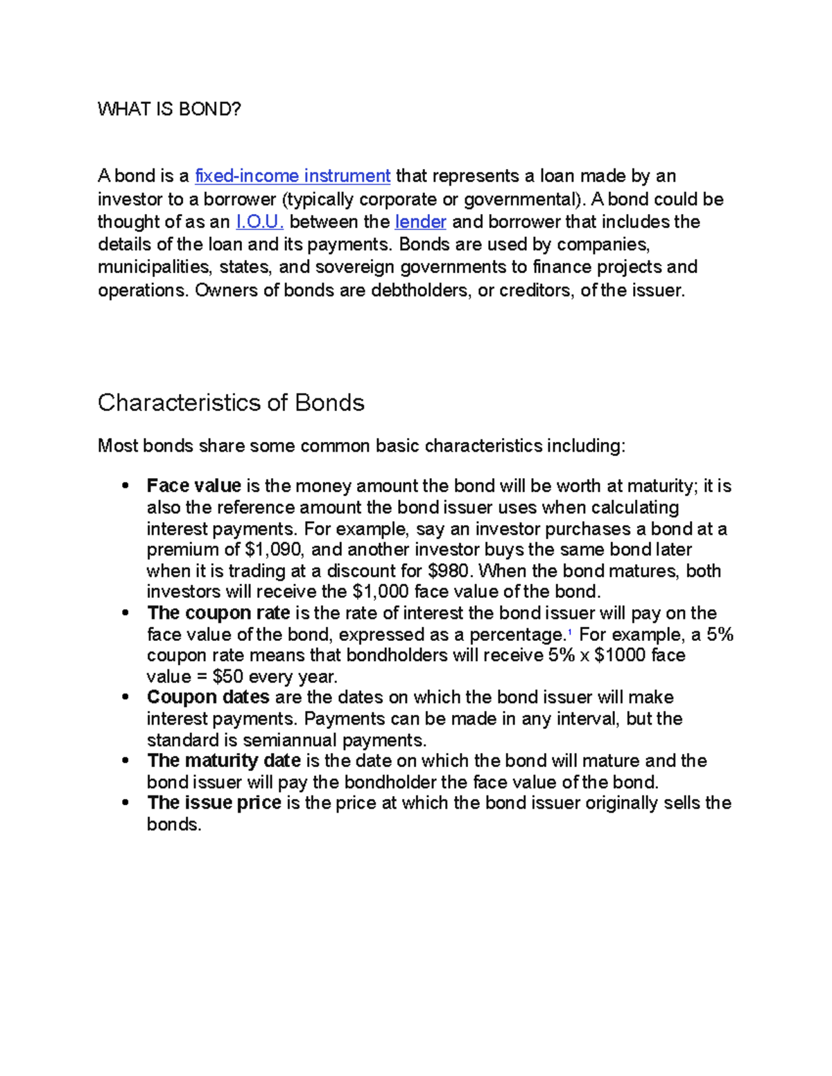 Bonds - asd - WHAT IS BOND? A bond is a fixed-income instrument that ...