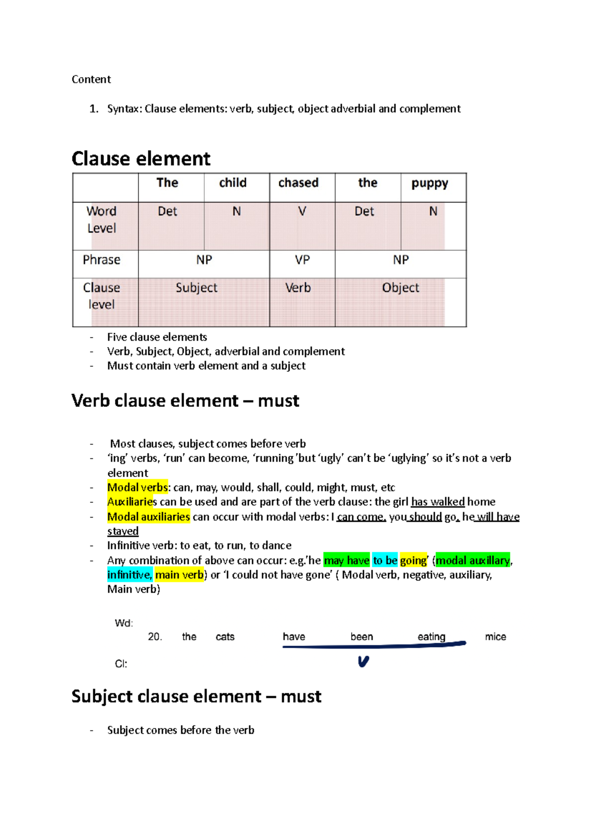 Content - notes - Content Syntax: Clause elements: verb, subject ...