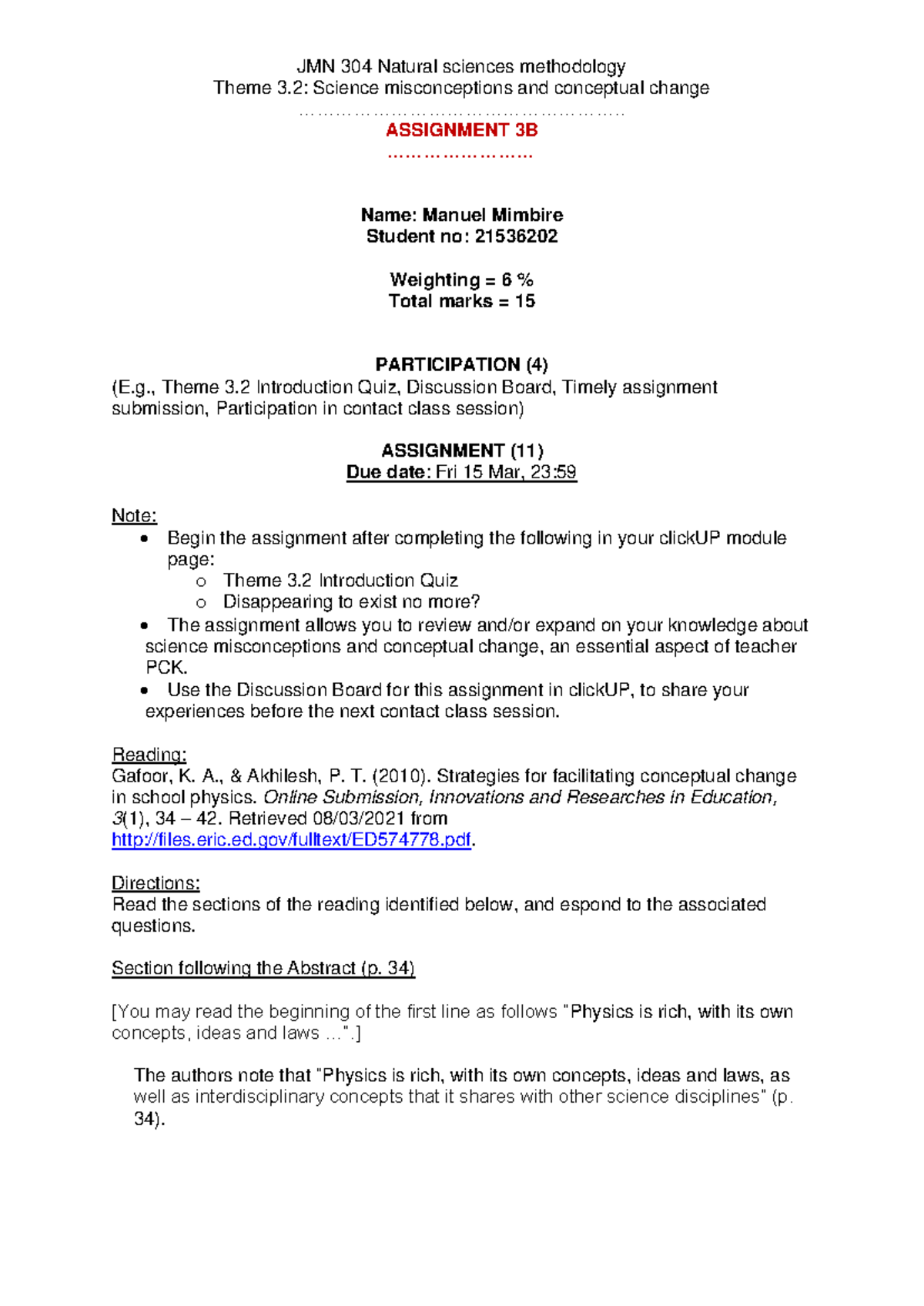 Assignment 3B JMN 304 - Theme 3. 2 : Science misconceptions and conceptual change - Studocu