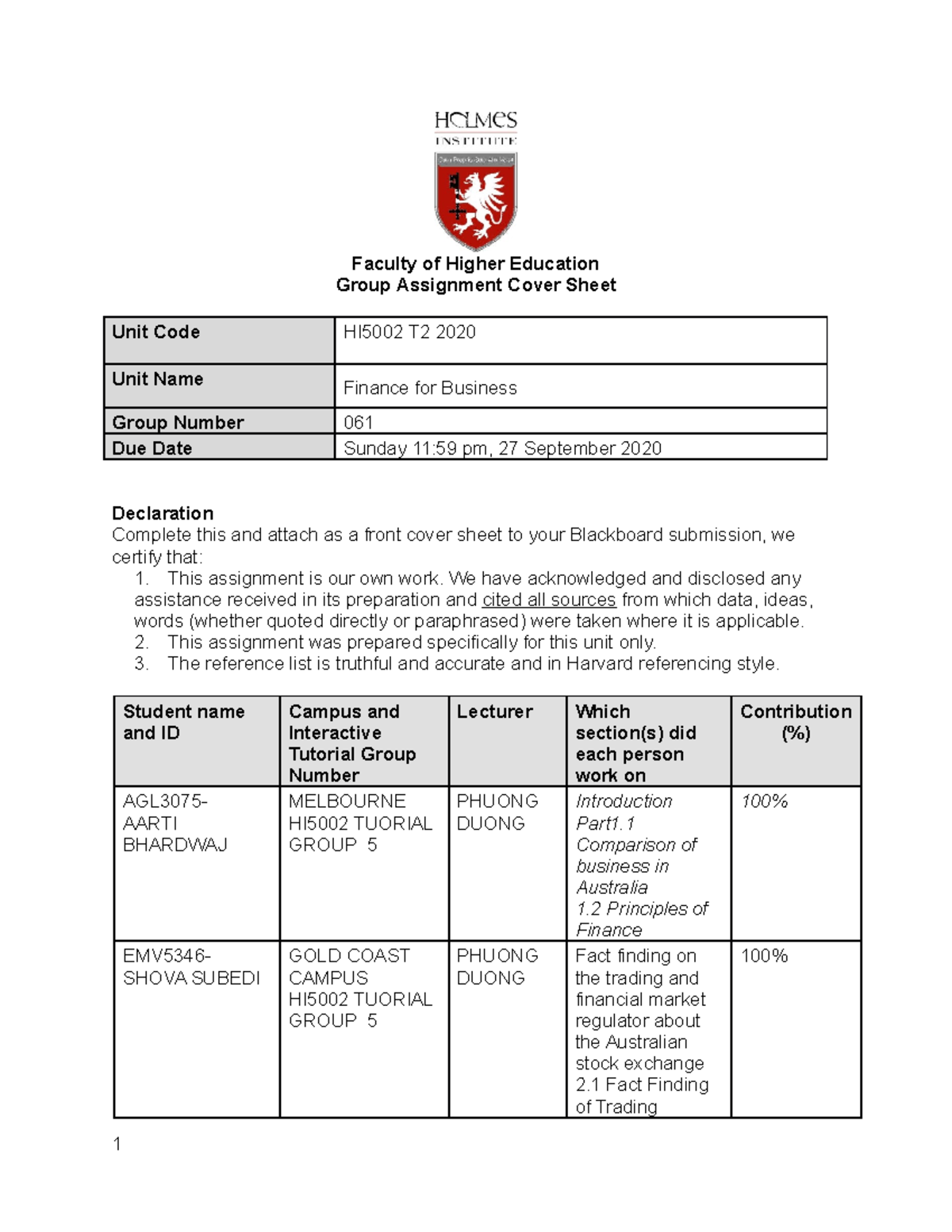 HI5002 Group Assignment of Finance For Business - Faculty of Higher Education Group Assignment ...