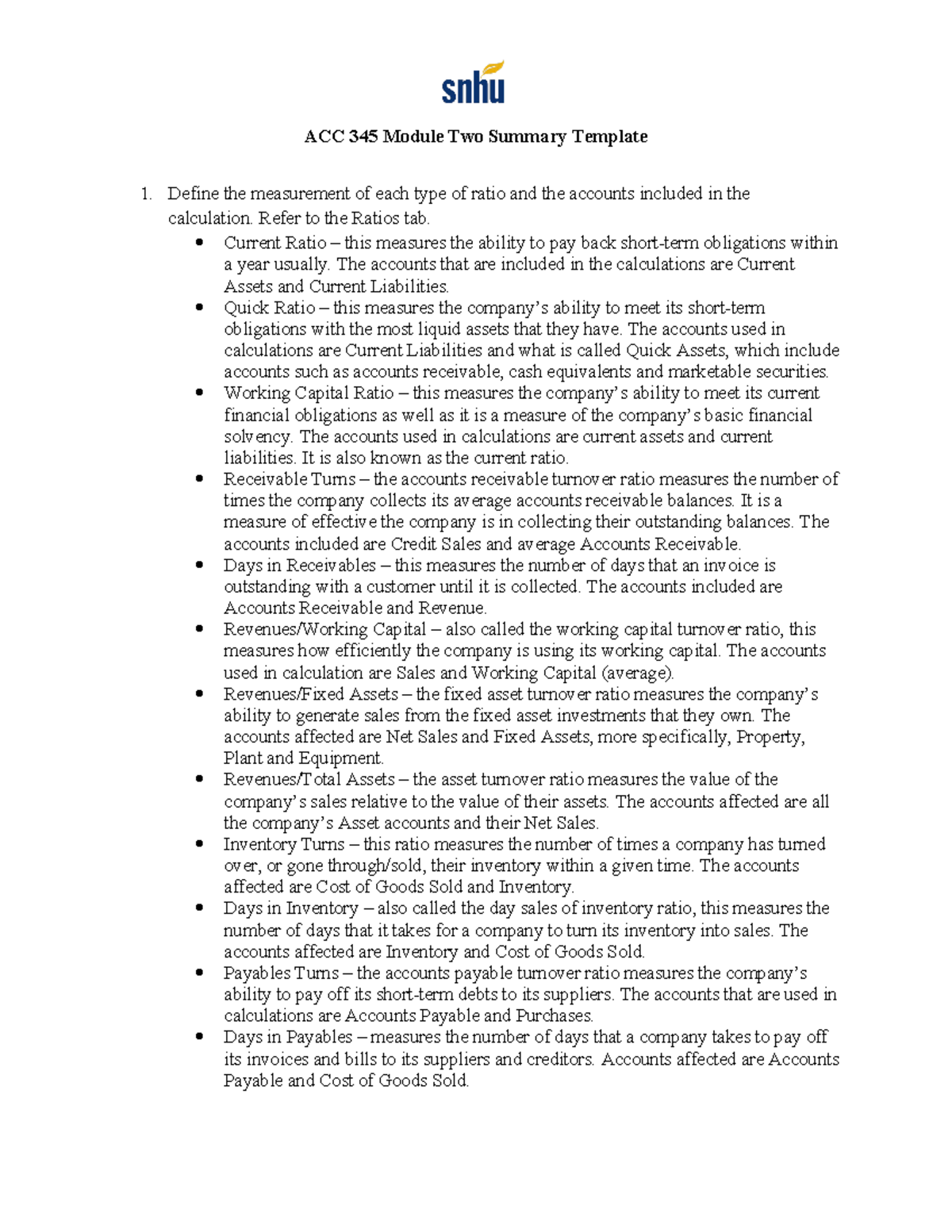 ACC 345 Module Two Summary - Define the measurement of each type of ...