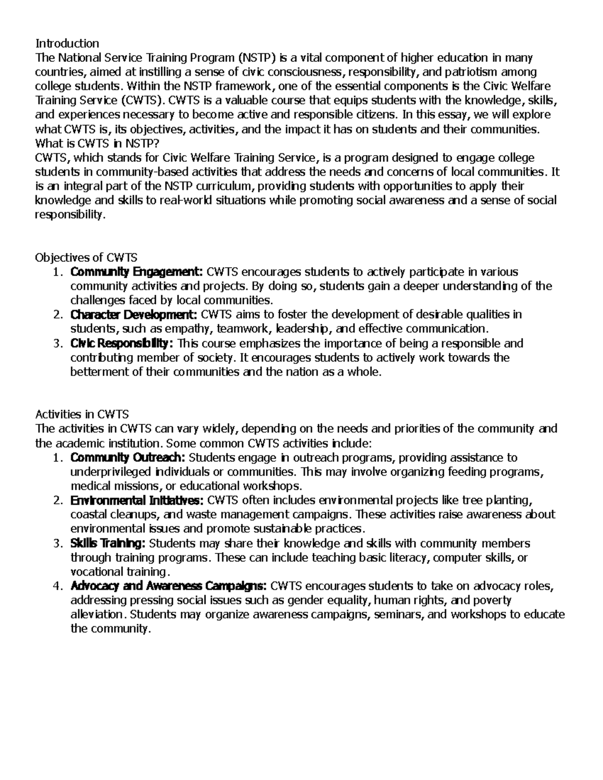 Essay-What is CWTS - This will help student to fully understand what is ...