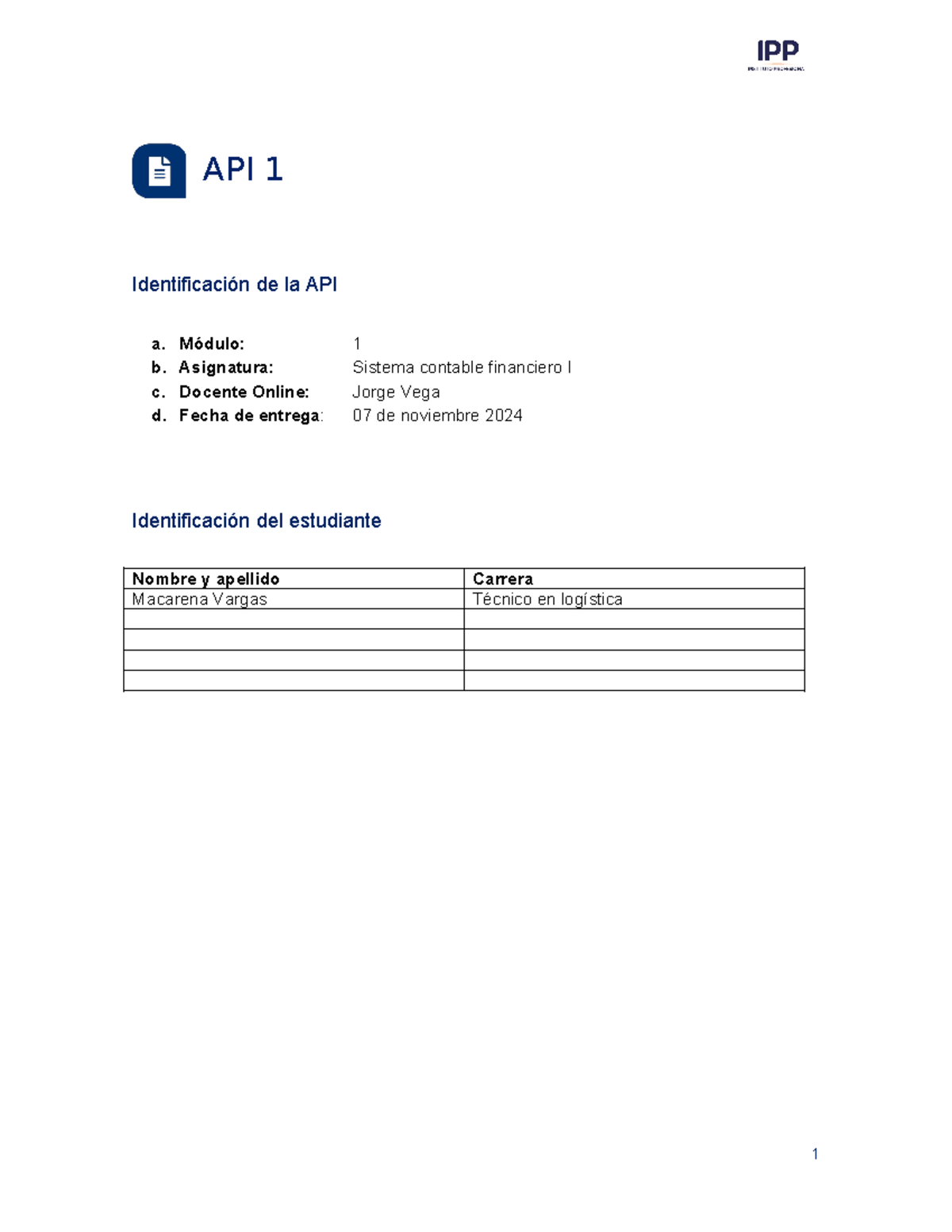 API 1 Sistema Contable Financiero I - API 1 Identificación de la API a ...