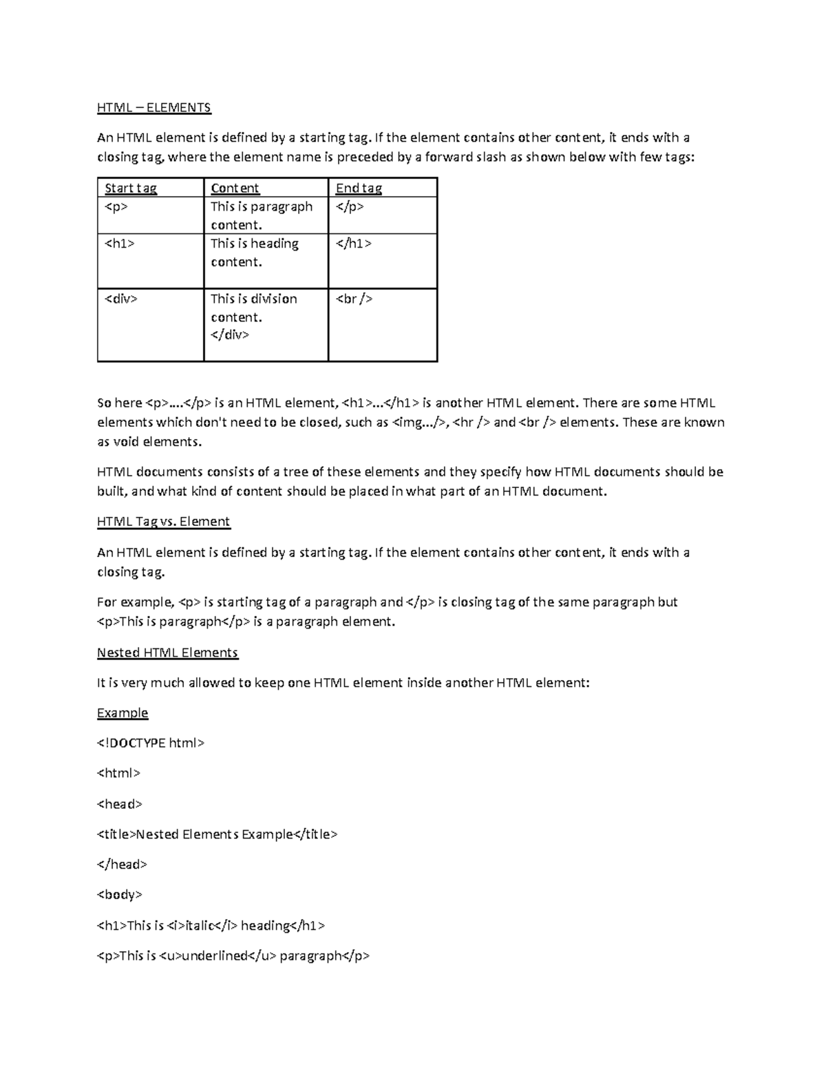 Html elements - Seminar - HTML – ELEMENTS An HTML element is defined by ...