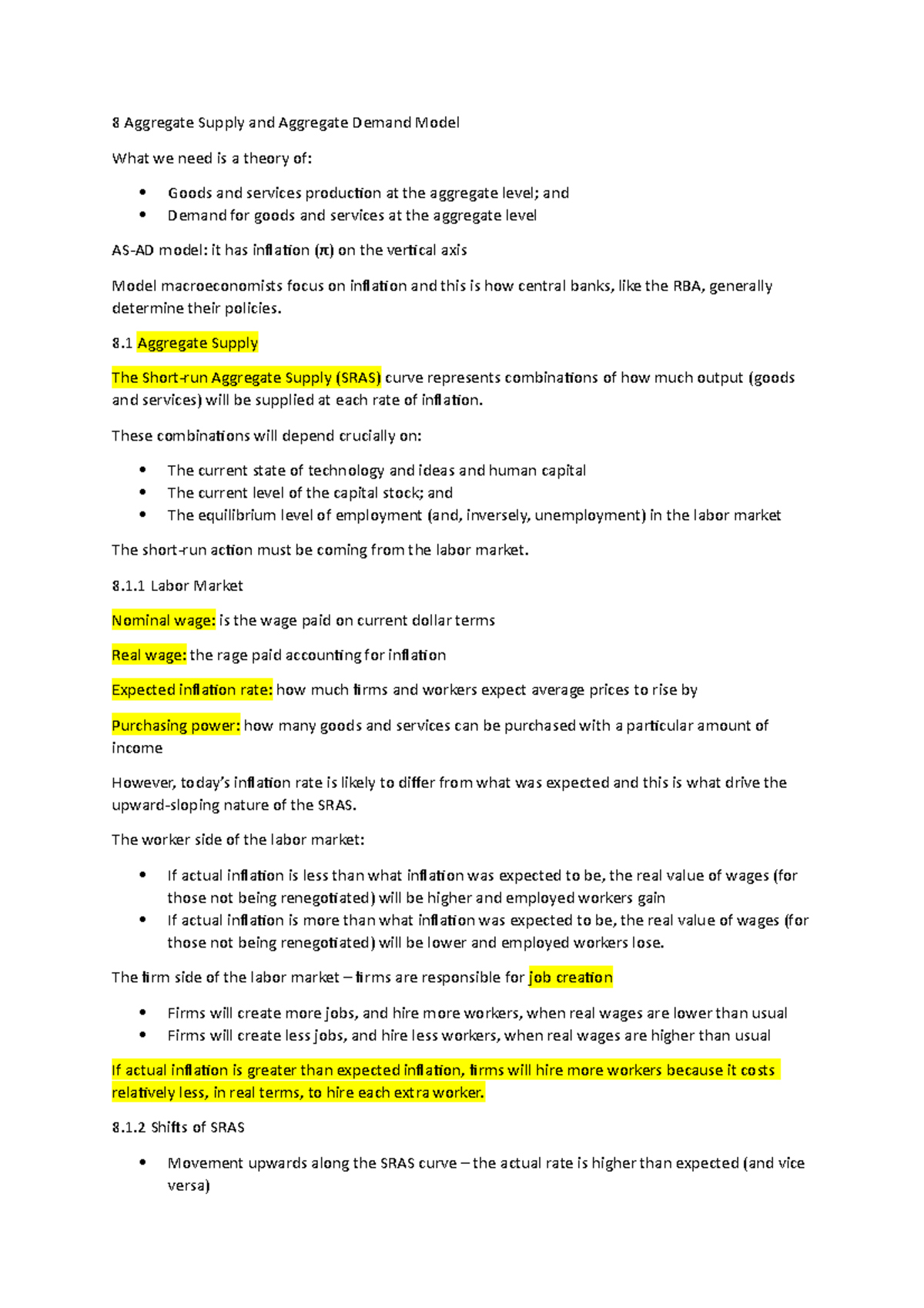Econ 1012 Notes 8 - 8 Aggregate Supply and Aggregate Demand Model What ...