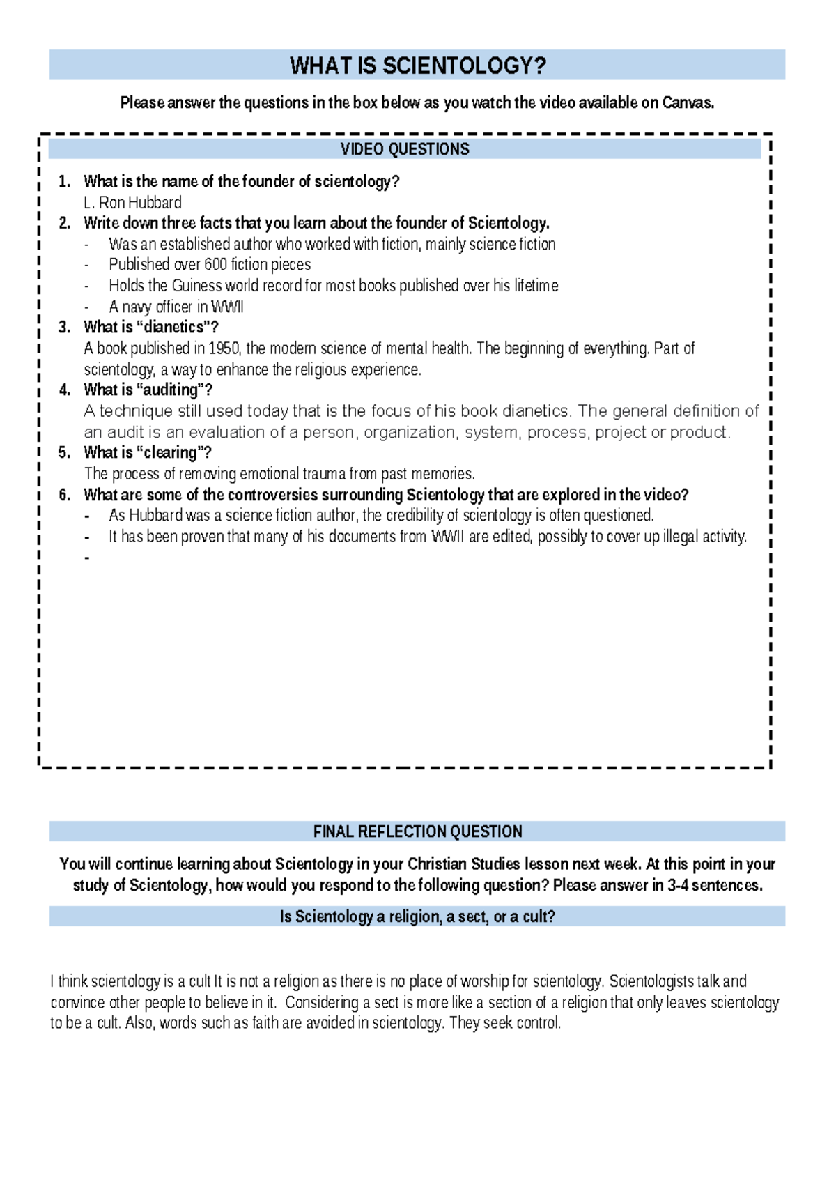 Scientology Reflection Lesson One - WHAT IS SCIENTOLOGY? Please answer ...