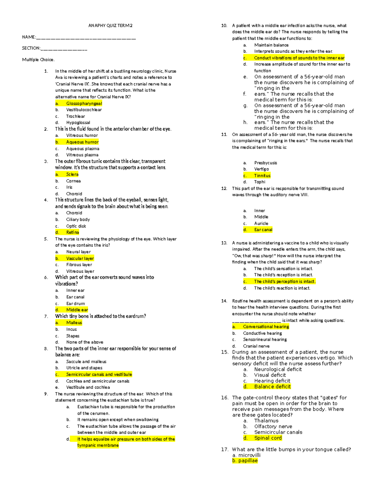 Quiz anaphy term 2 answer key - ANAPHY QUIZ TERM 2 NAME